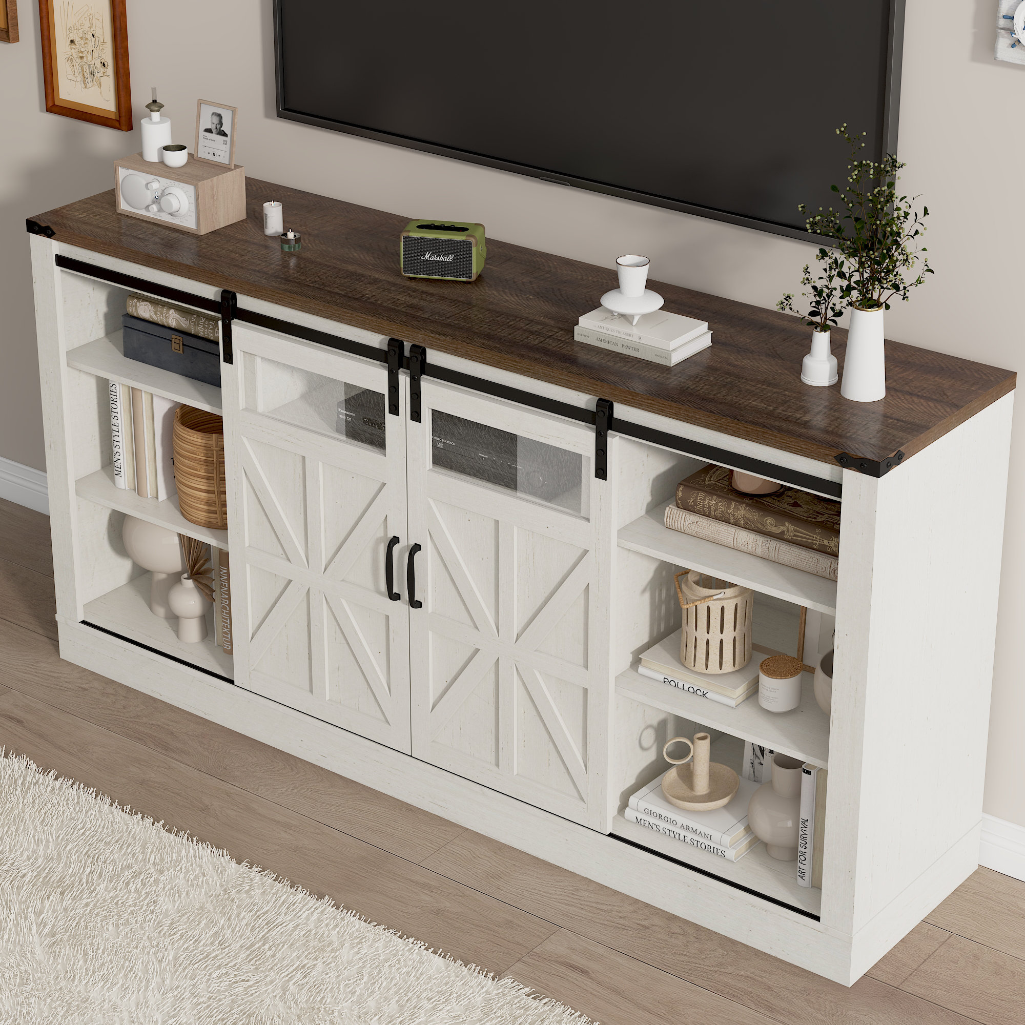 Gracie Oaks 66" Farmhouse TV Stand With Power Outlets Up For 75 65 Inch ...