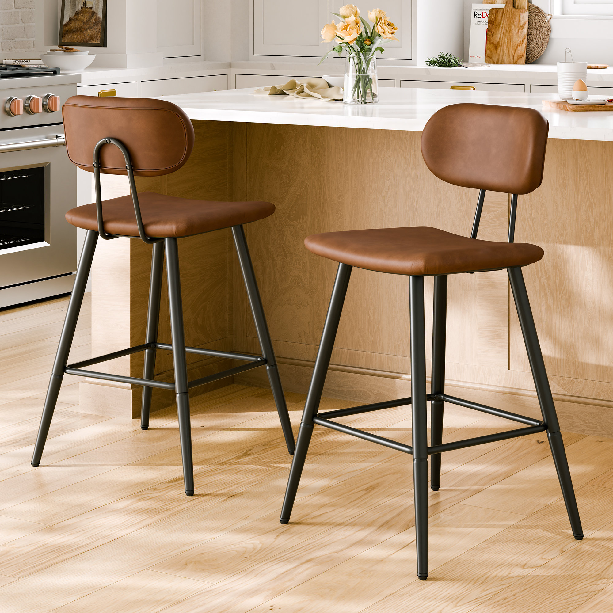 George Oliver 26.75" Leather Counter & Bar Stool with Large Seat and ...