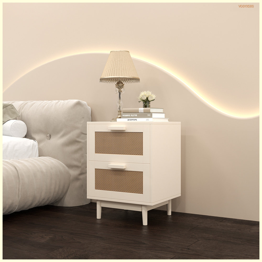 Highland Dunes Rattan Nightstand, Wood End Table, Side Table with 2 Faux Rattan-Decorated ...