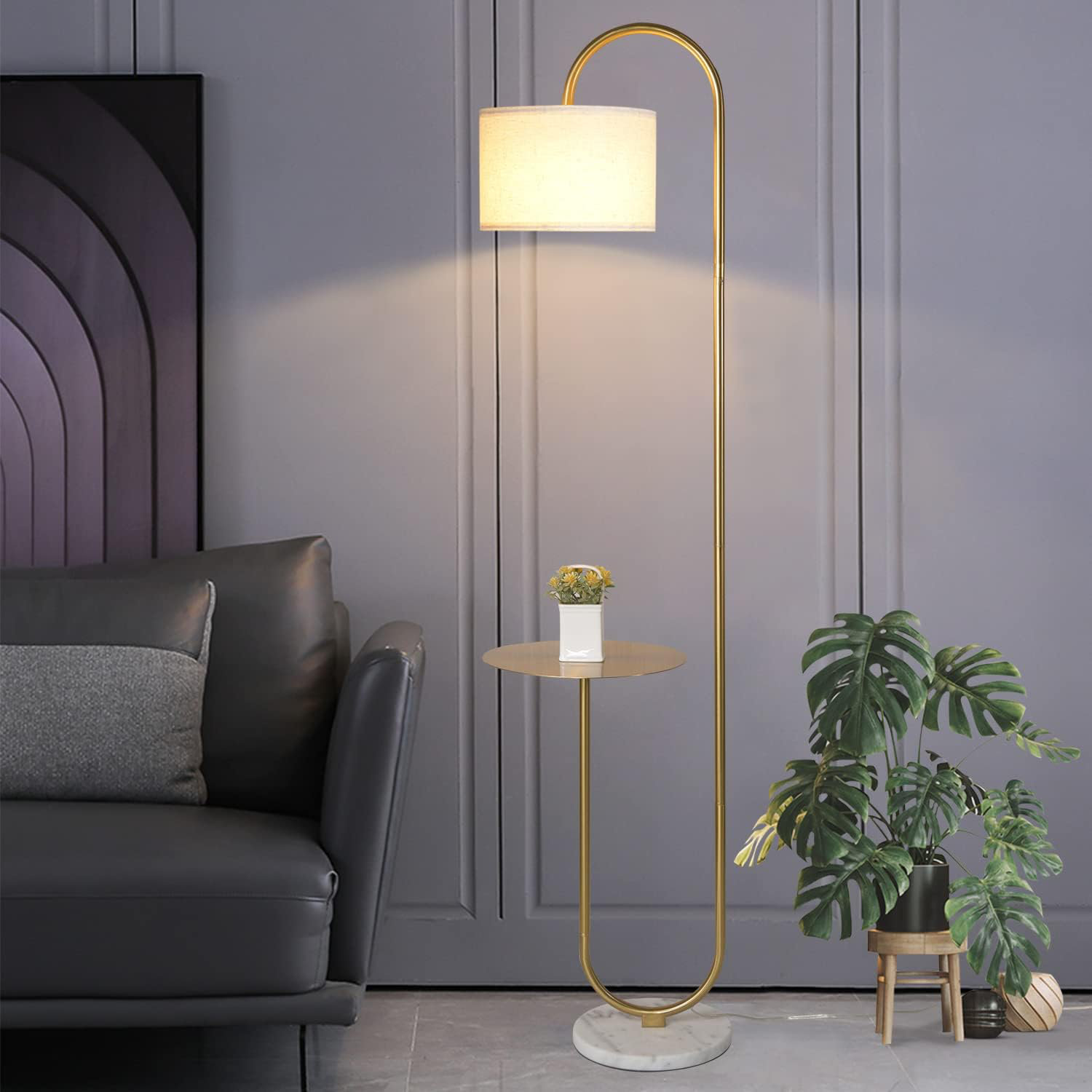 Everly Quinn Arc Floor Lamp With Hanging Drum Shade Marble Base Modern ...