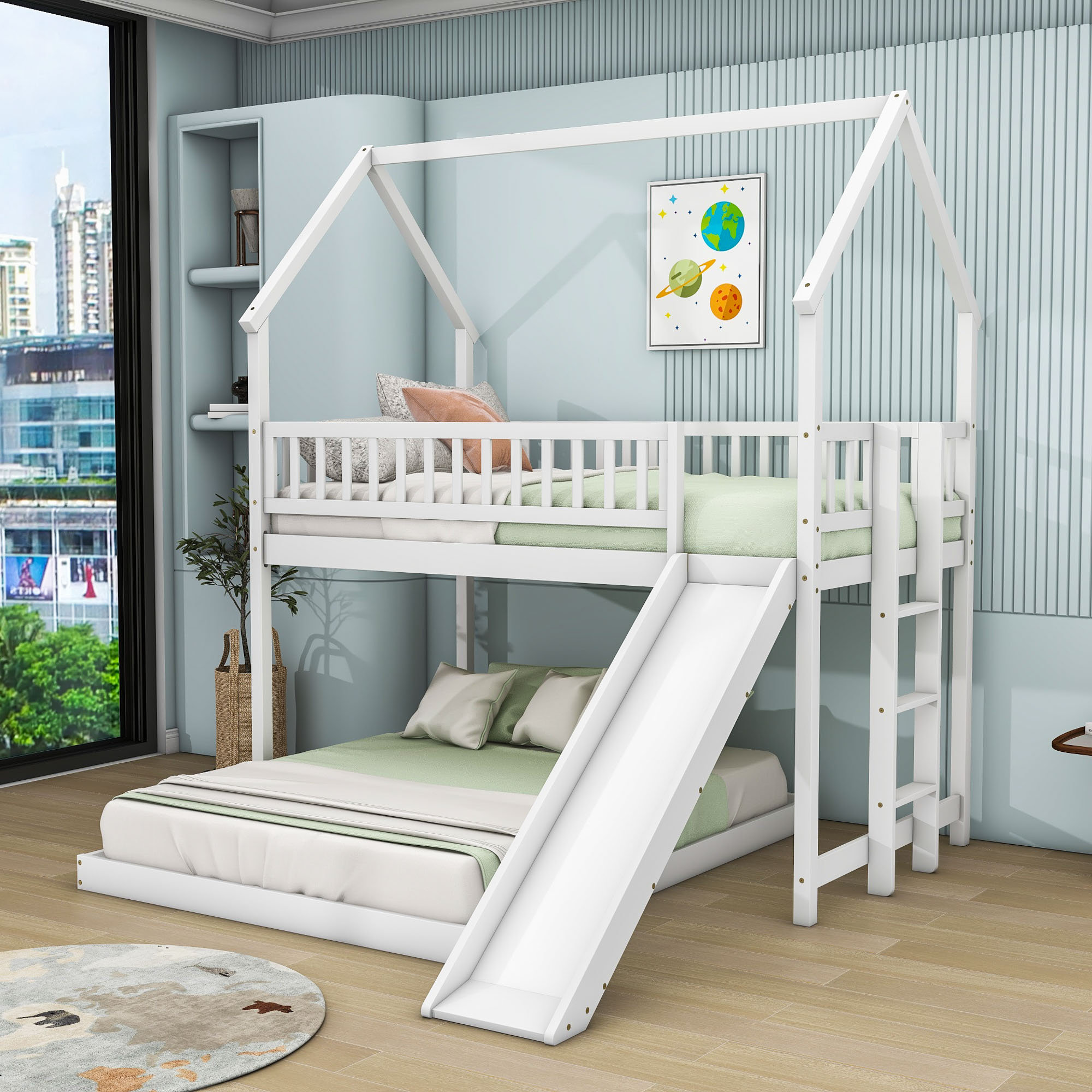 Harper Orchard Parlier Kids Twin Over Full Wooden House Bunk Bed with ...