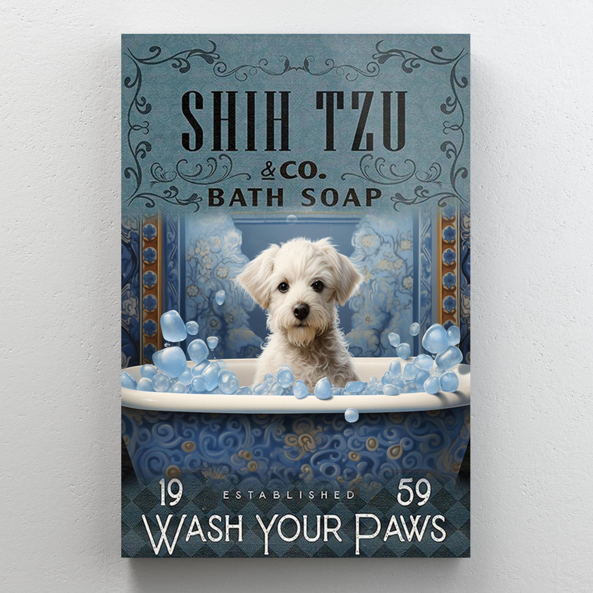 Trinx Lasharee Shih Tzu Bath Soap On Canvas Graphic Art | Wayfair