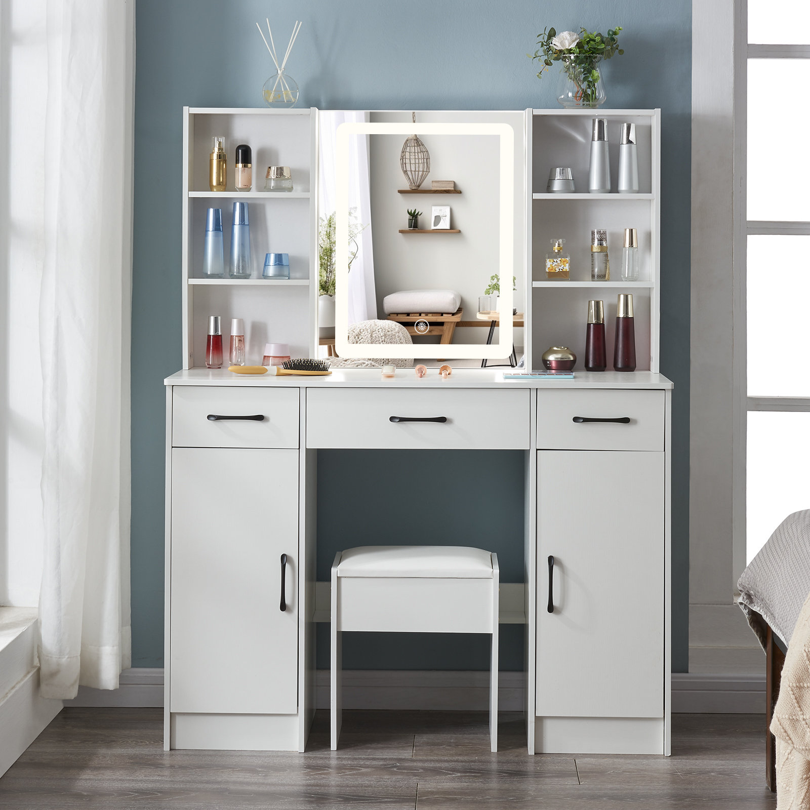 Latitude Run® Faaz Large Makeup Vanity Desk with LED Lighted Mirror ...