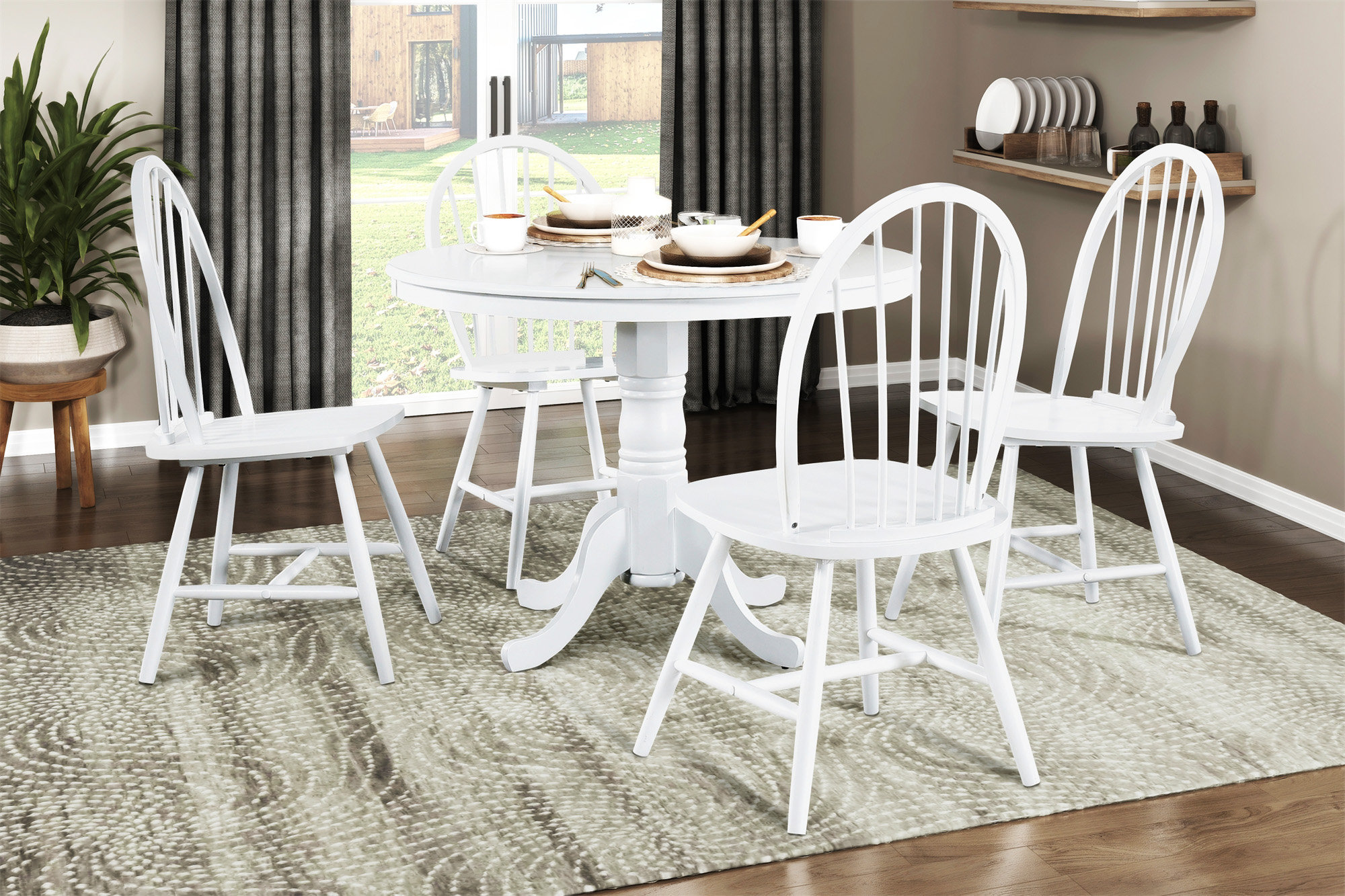Gracie Oaks White Finish 5Pc Round Dining Table Set With 4 Windsor ...