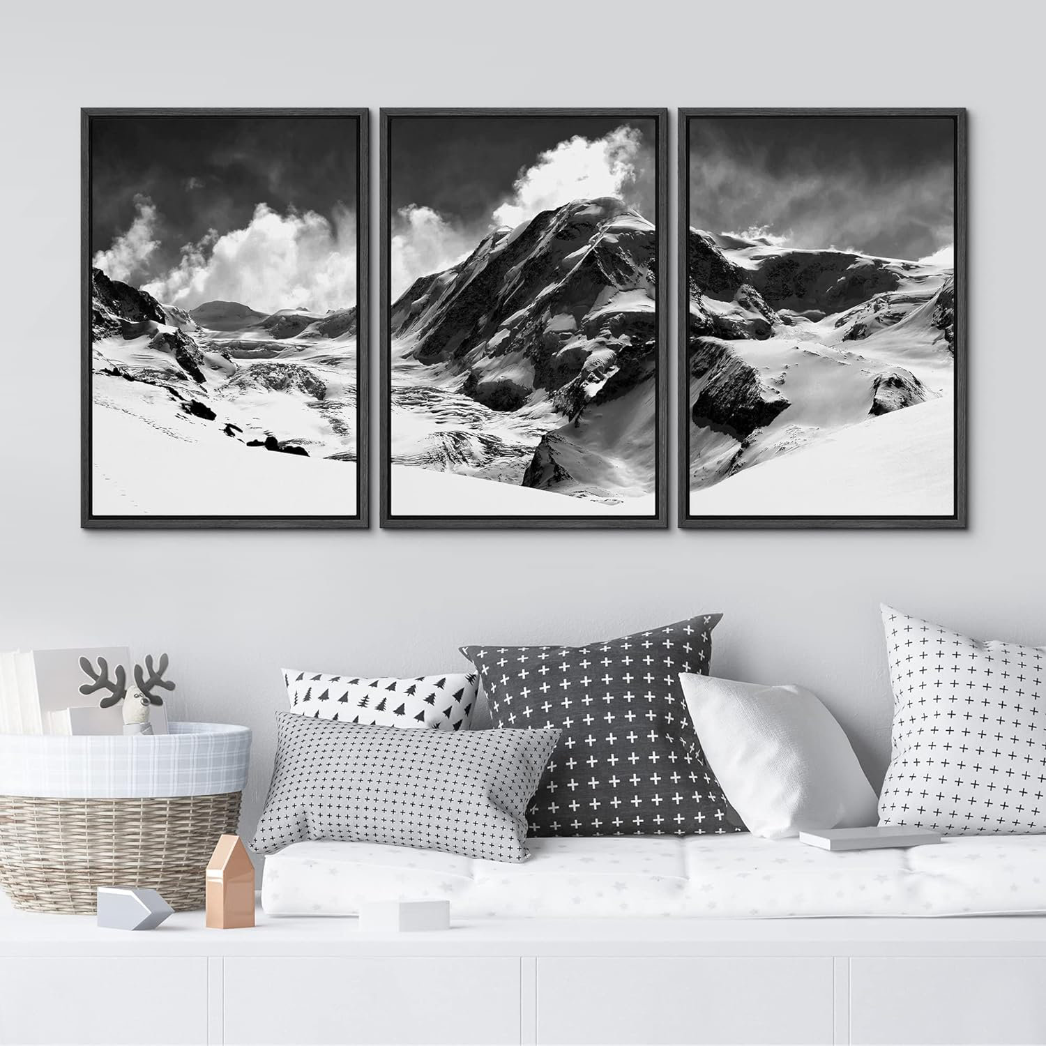 IDEA4WALL Snowy High Contrast Black White Mountains Framed On Canvas 3 ...