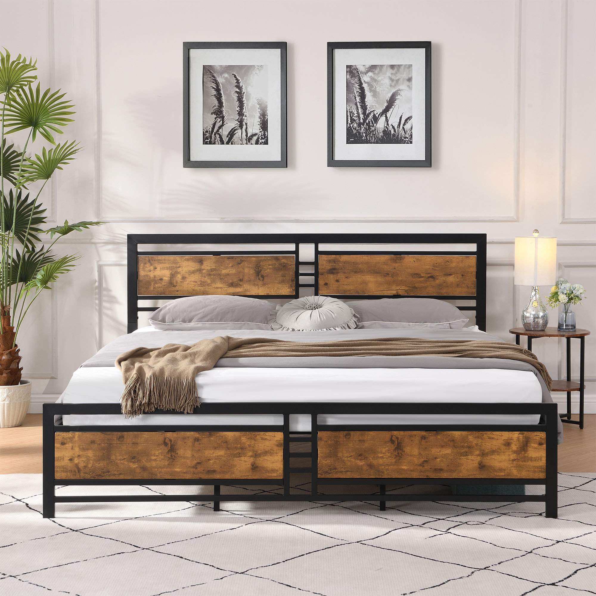 17 Stories Metal Platform Bed Frame with Wood Headboard and Footboard ...