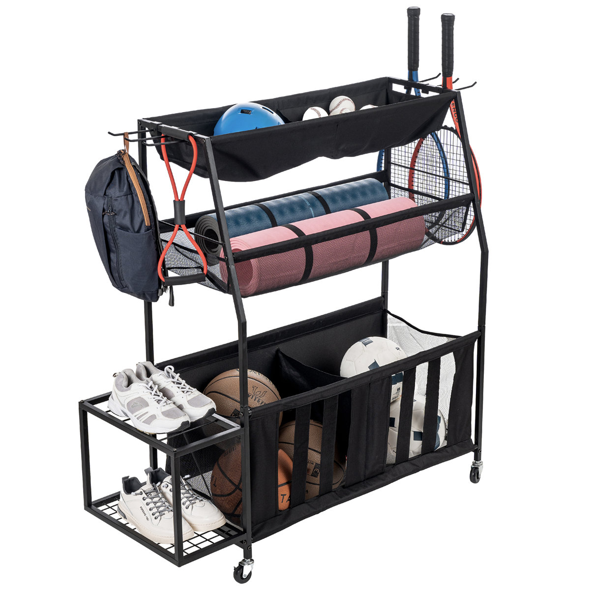17 Stories 3-Tier Home Gym Sports Storage Rack Cart | Wayfair