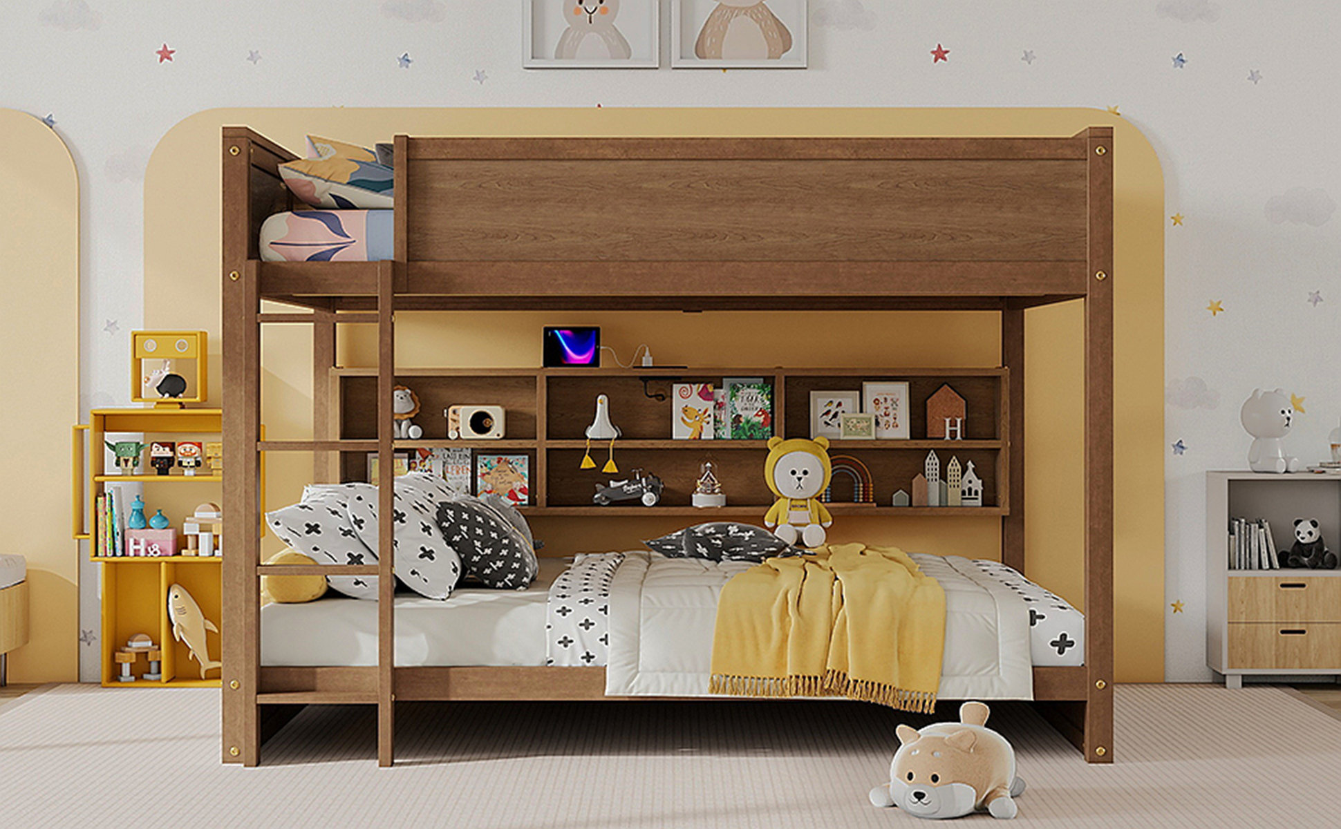 Harriet Bee Queen Over Queen Bunk Bed With Built-In Storage Cabinets ...