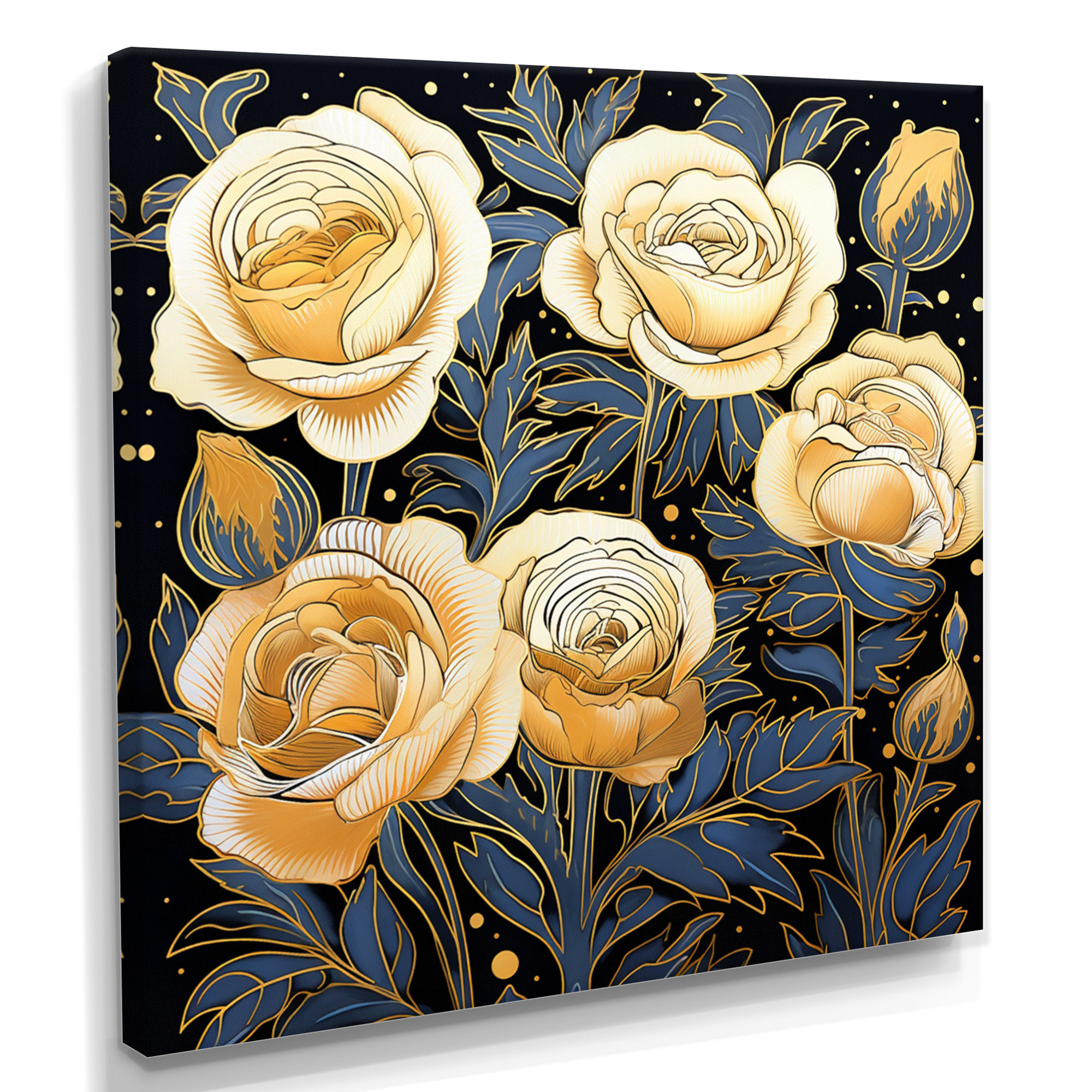 Winston Porter Yellow Roses Blue Retro Leaves - Roses Wall Art Print ...