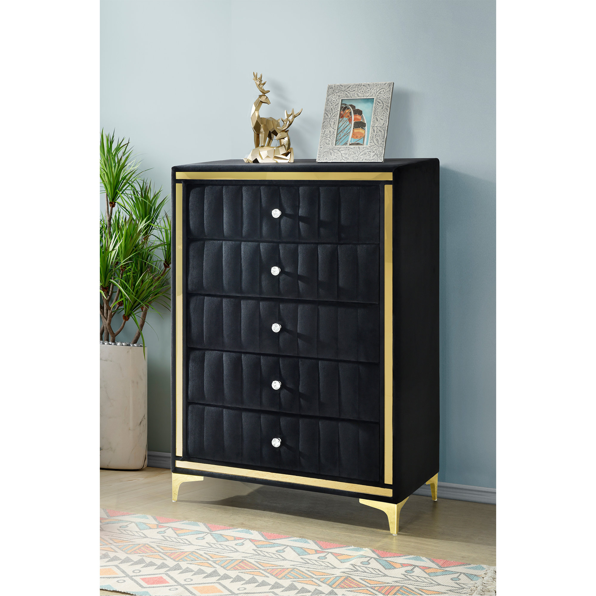 Mercer41 Monique Velvet Upholstered 5-Drawer Chest Fully Assembled ...