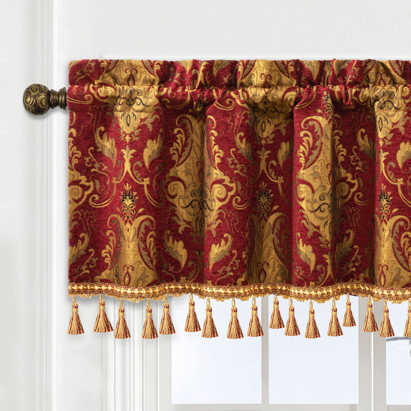 Fleur De Lis Living Damask 54'' W Window Valance in Burgundy | Wayfair