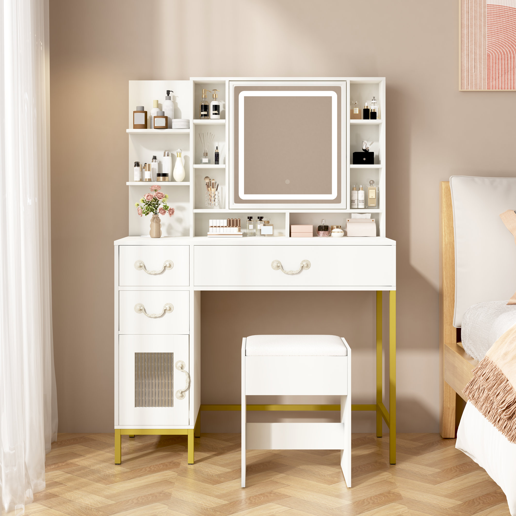 Mercer41 Make Up Vanity With 3-colour Led Lights, Openable Mirror And ...