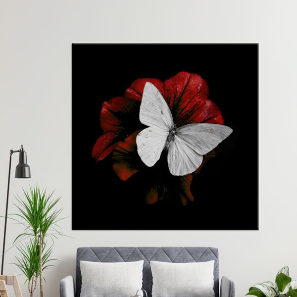 Ebern Designs Modern Butterfly and Flower Wall Art on Canvas for Home ...