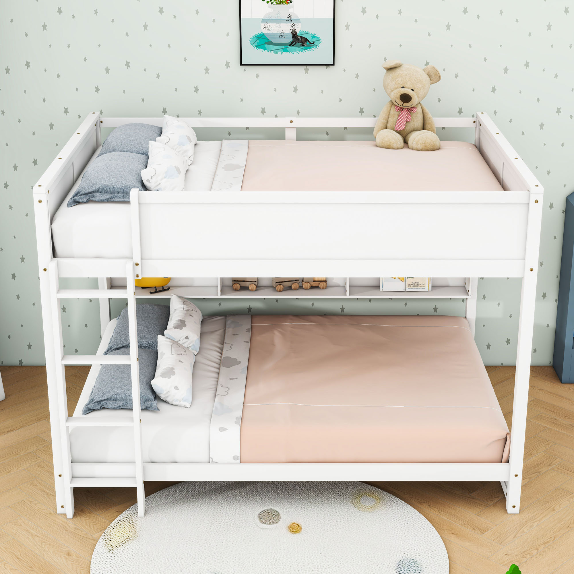 Harriet Bee Queen Over Queen Bunk Bed With Storage Cabinets And USB ...