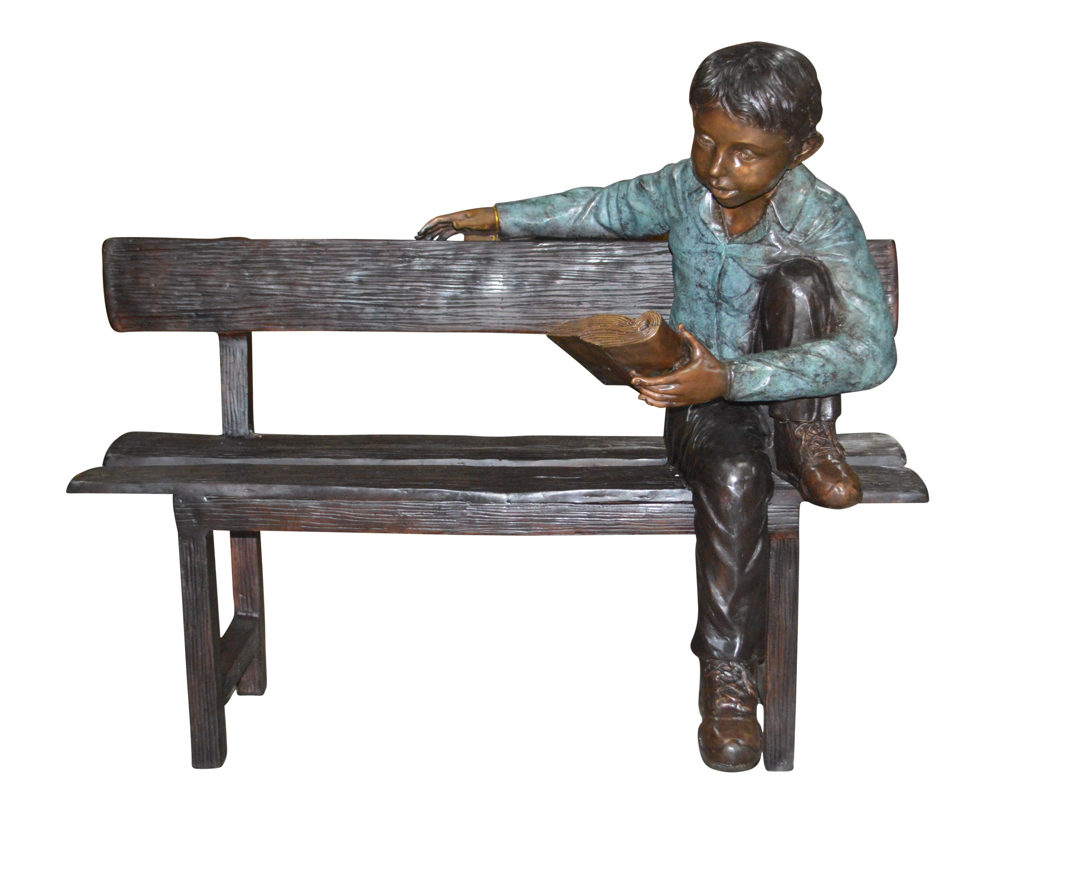 Nifao Statues Boy Sitting On A Bench Reading Book Bronze Statue - Size ...
