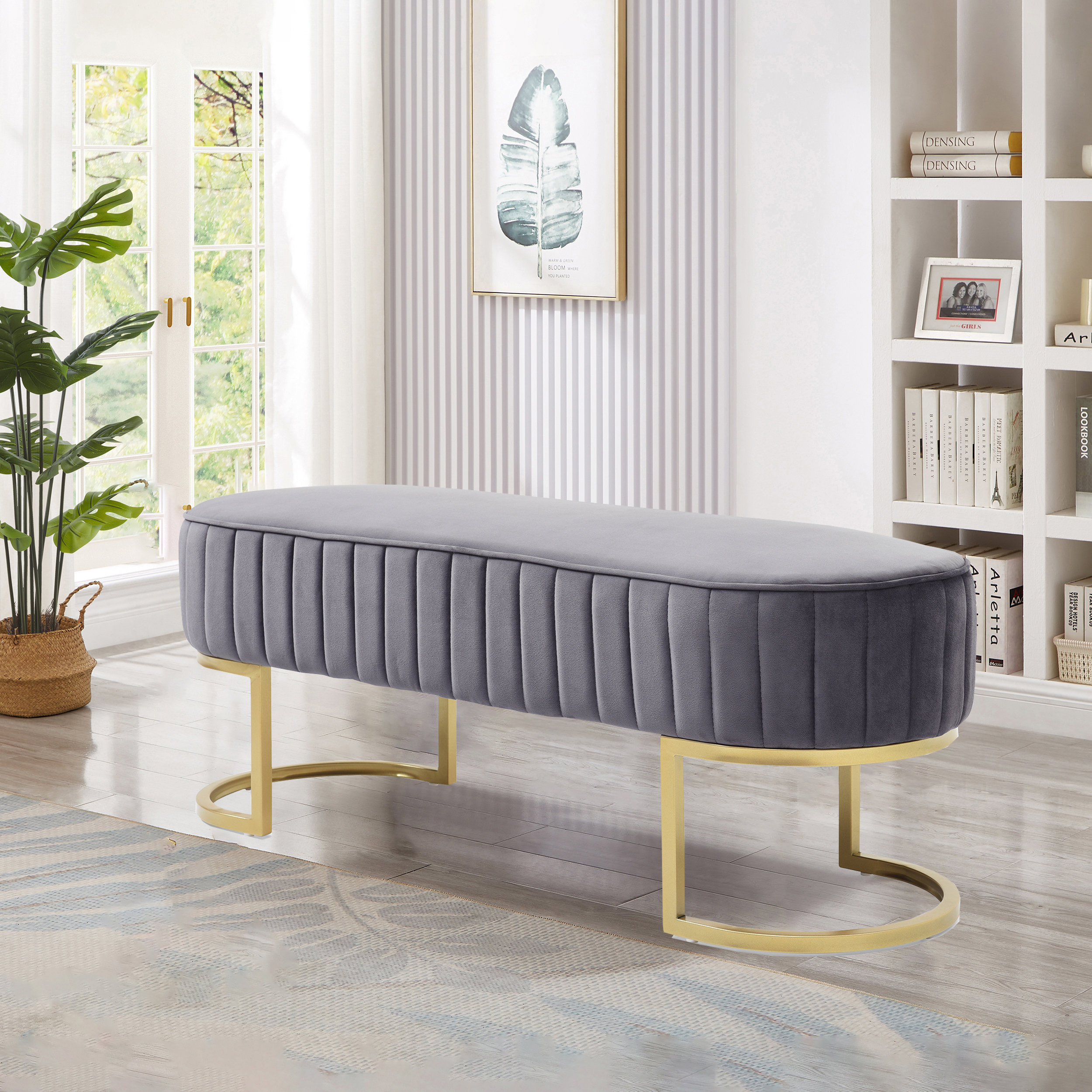 Everly Quinn 48" Wide Shoe Storage Bench Velvet Upholstered Bench ...