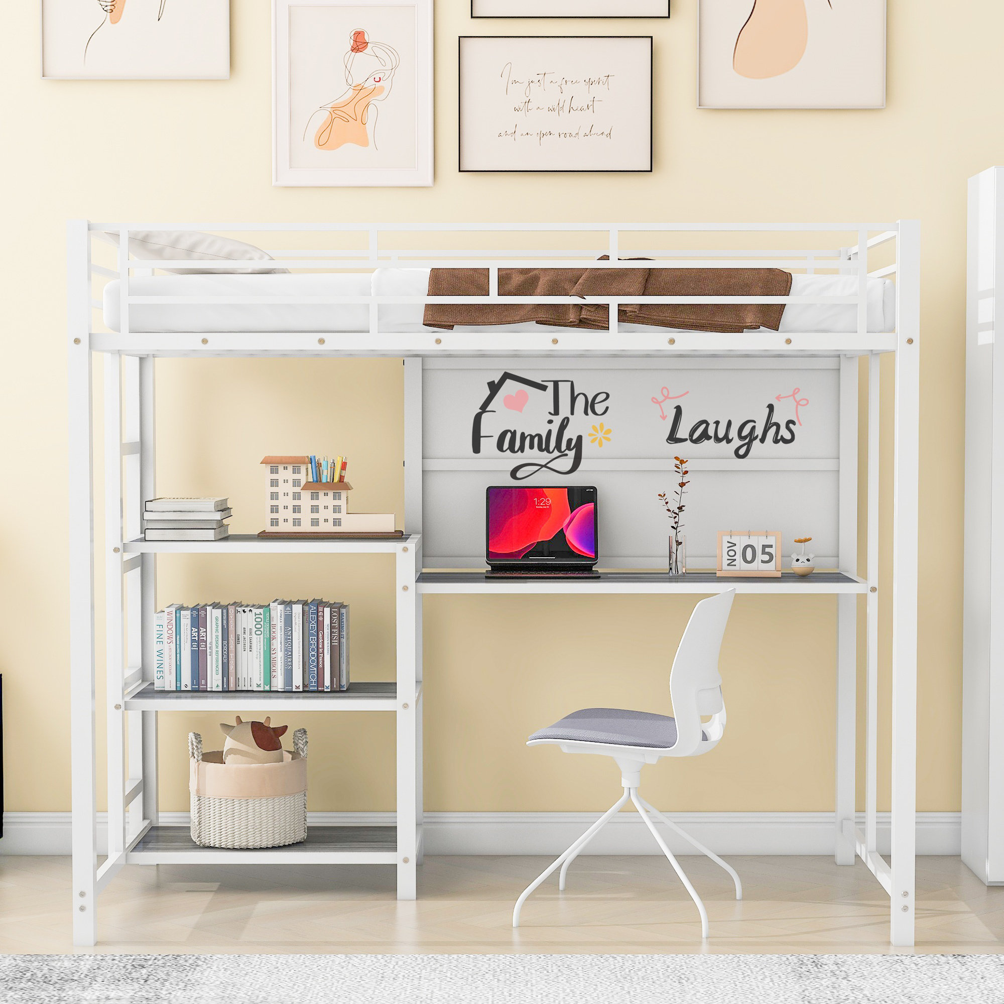 Mason & Marbles Loft Bed with Desk and Whiteboard, Mental Loft Bed with ...