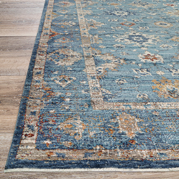 Bungalow Rose Mizic Floral Denim Blue Fringed Rectangle Area Rug | Wayfair