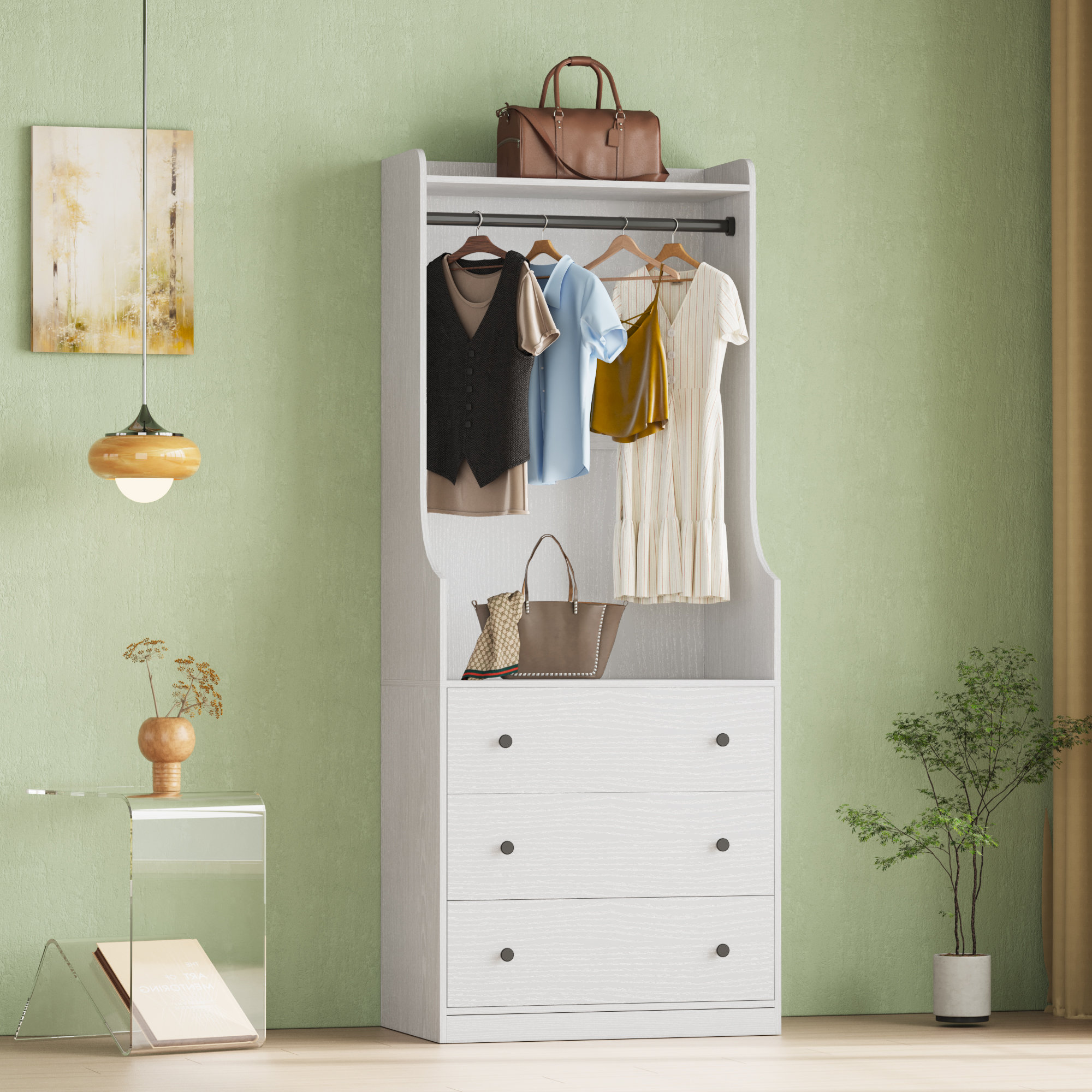 Ebern Designs Contemporary Freestanding Wardrobe Armoire With Curved ...