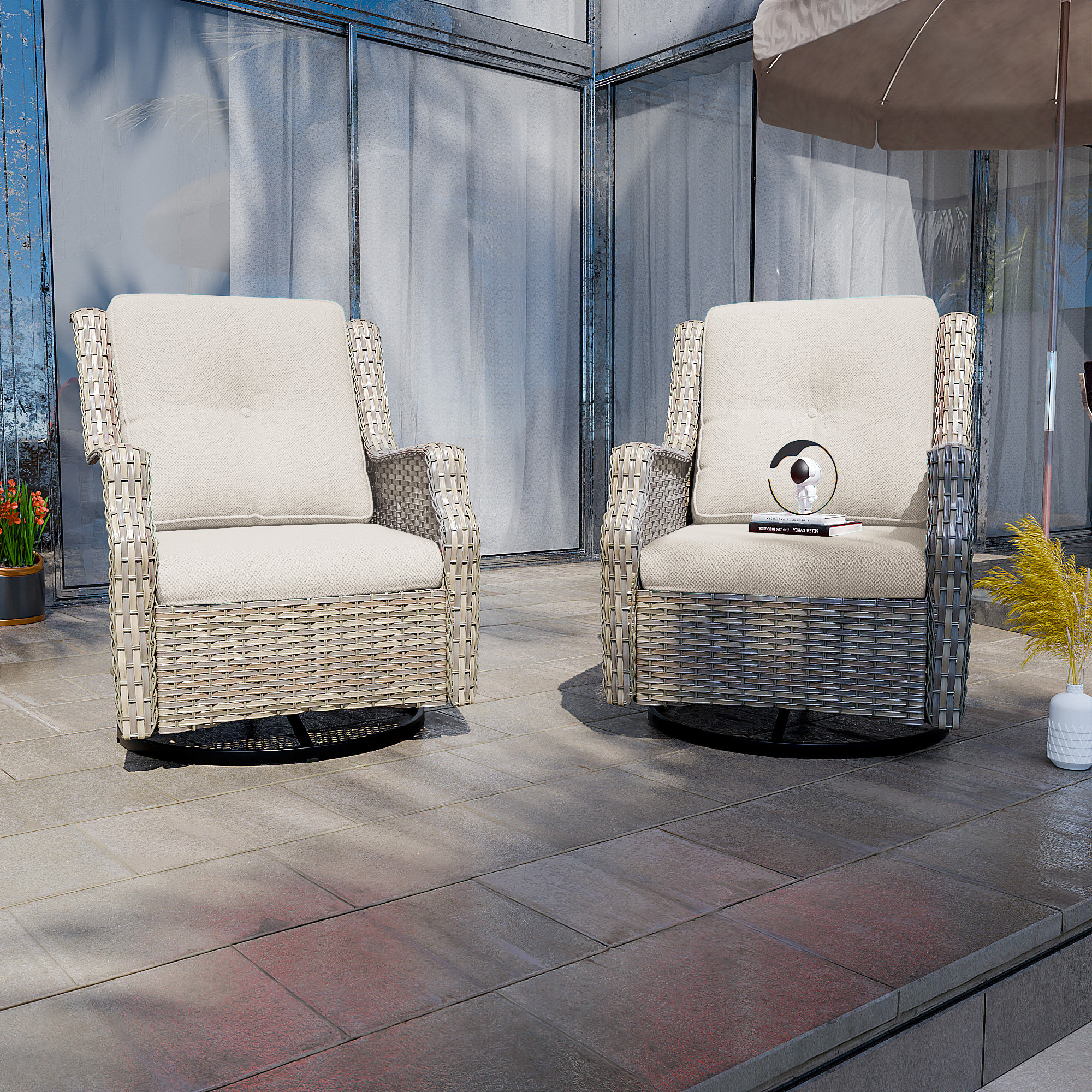 Red Barrel Studio® Carralero 2-Piece Patio Wicker Swivel Rocking Chair ...