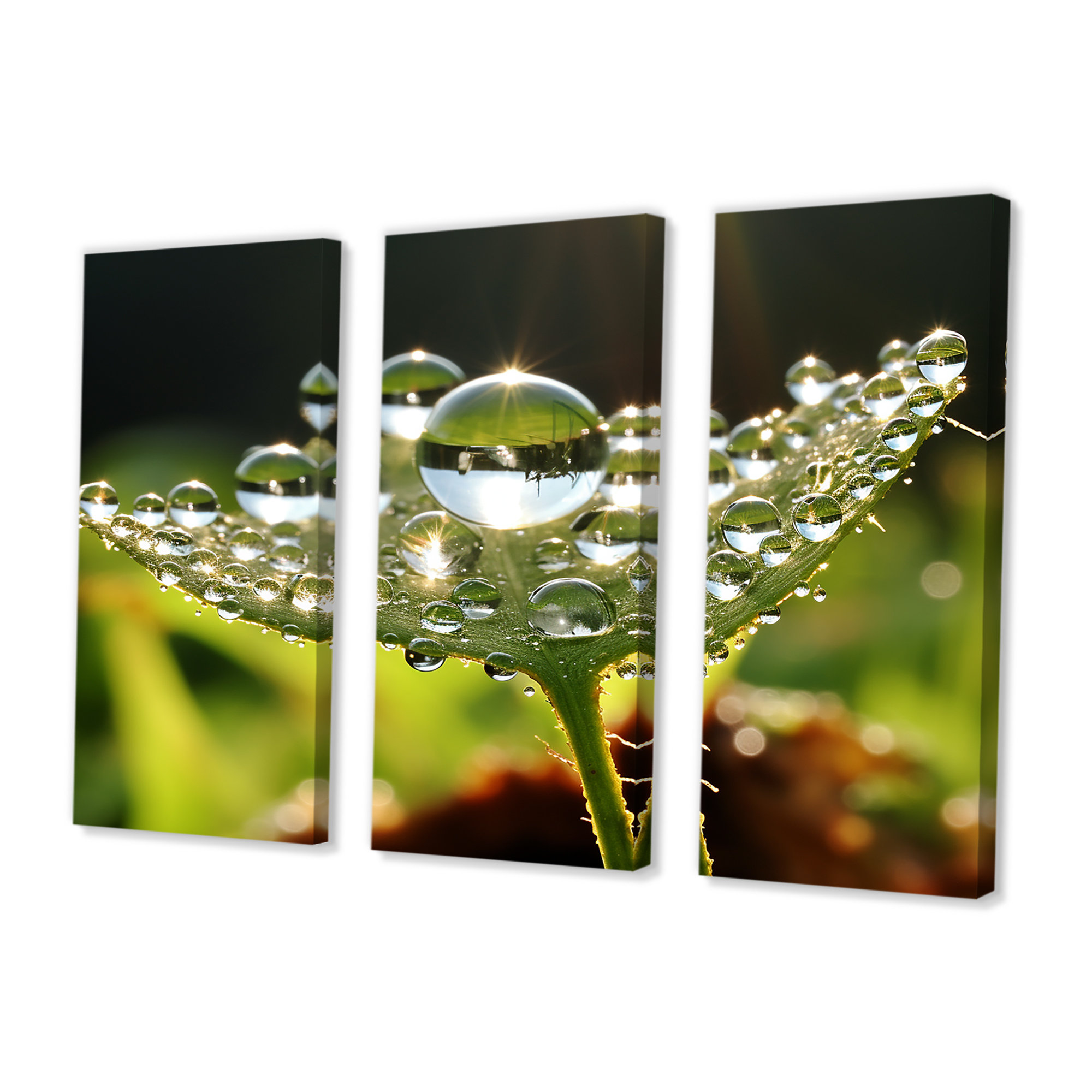 Design Art Morning Sun Dew Drop Reflection - Leaves Wall Art Print Set ...