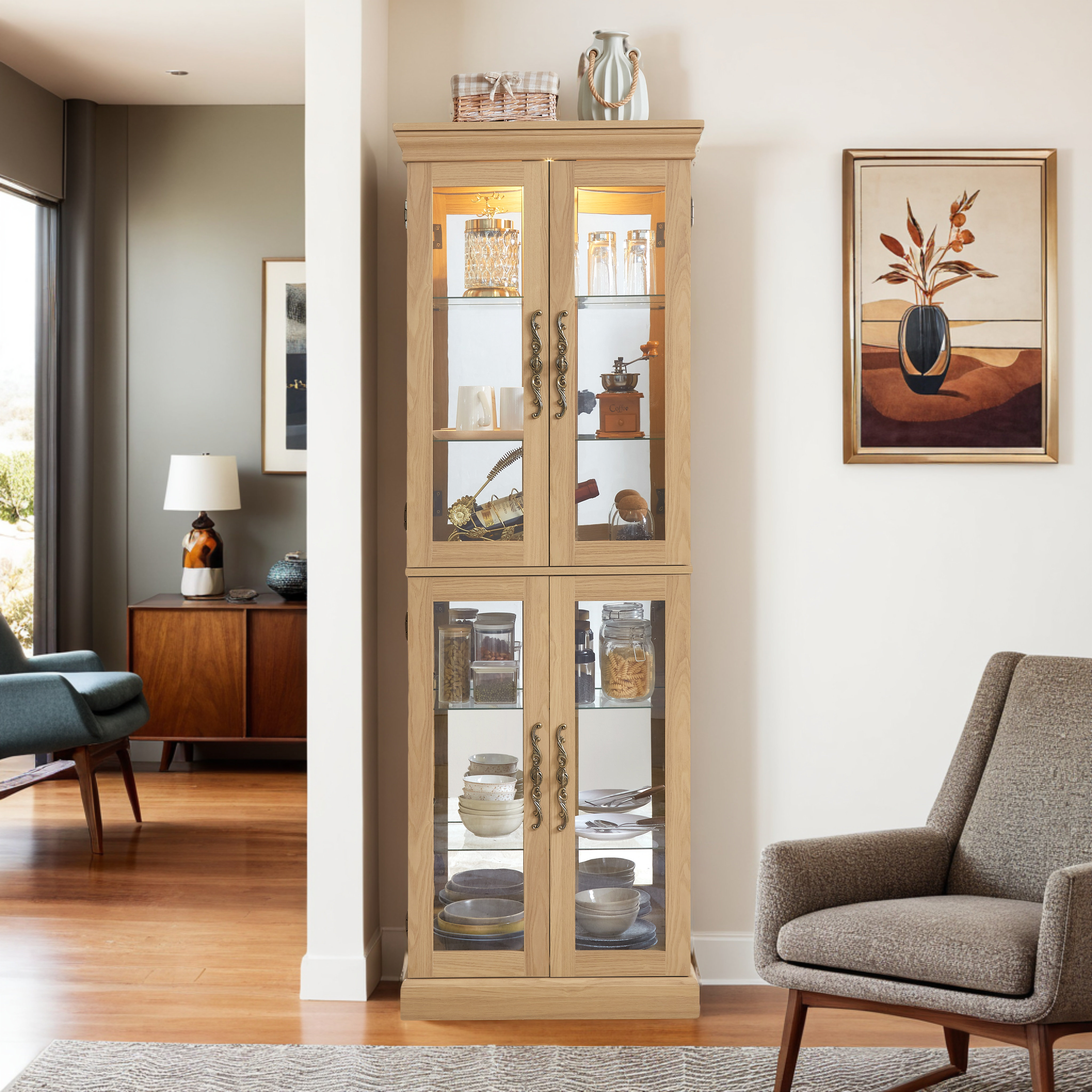 Winston Porter Lighted Curio Cabinet, Glass Display Cabinet With ...