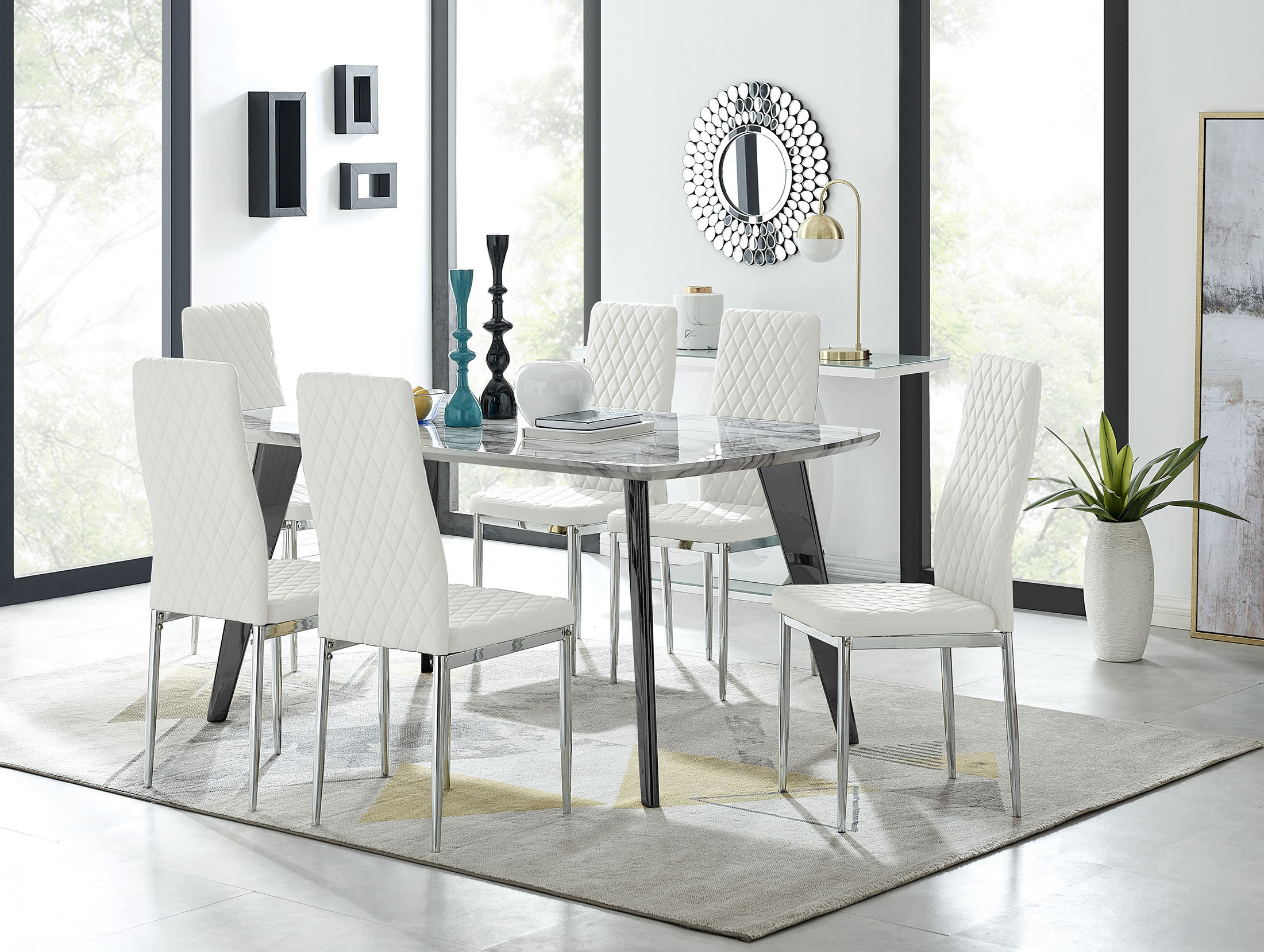 East Urban Home Andara White Marble Effect Black Leg Dining Table Set ...