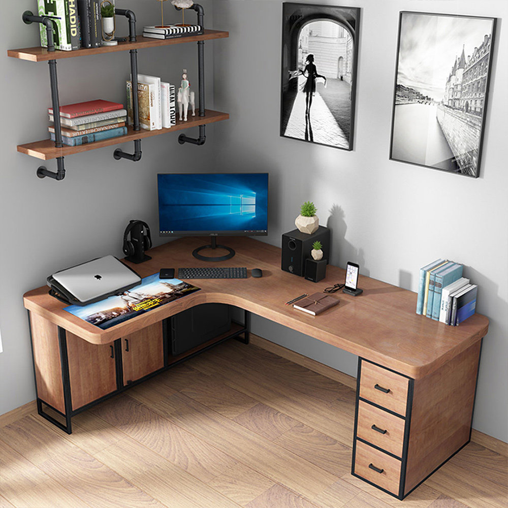 Flexy Infotech Cherry Wood Color+Black L-Shaped Solid Wood+Carbon Steel ...