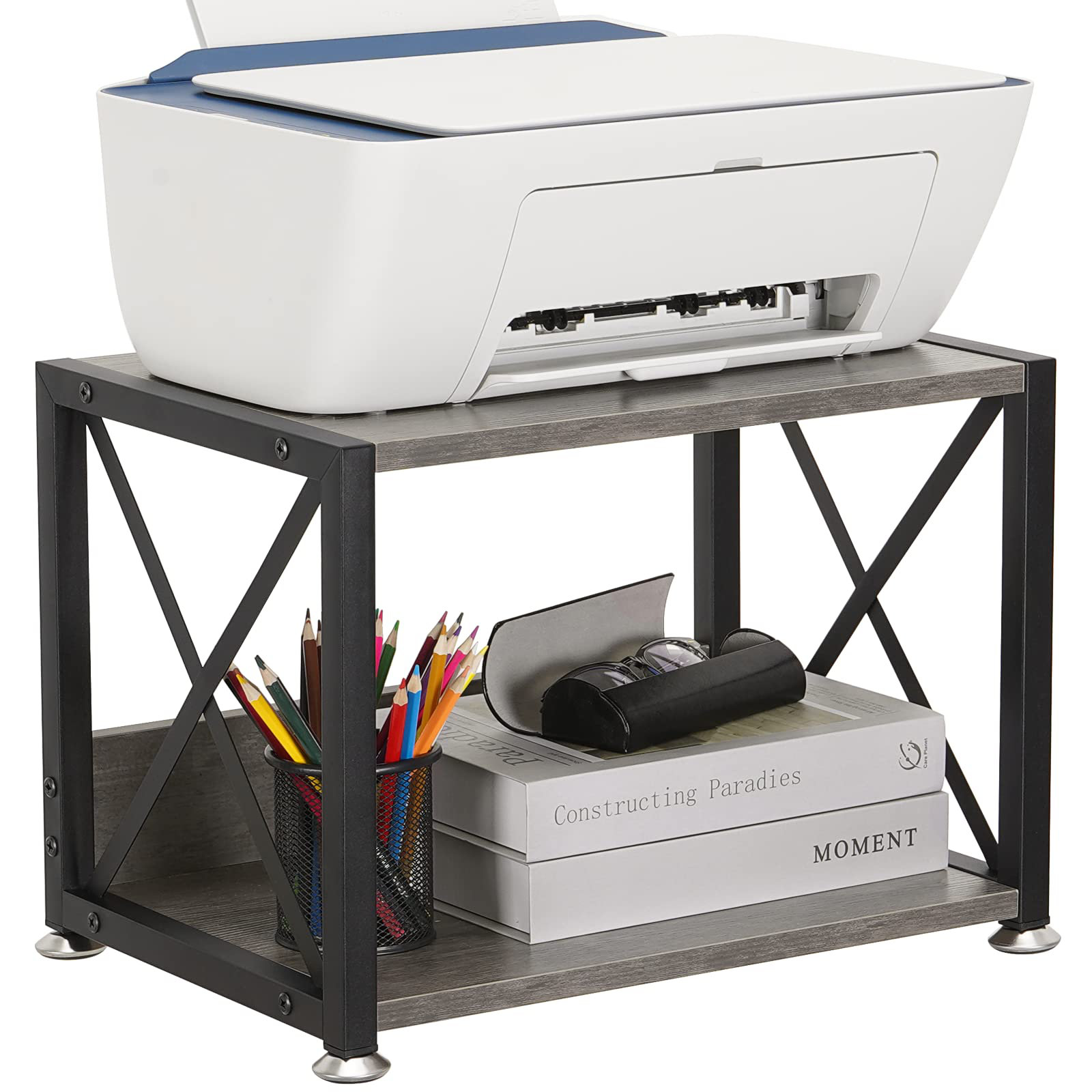 Gracie Oaks Double-Tier Desktop Printer Stand With Wooden Storage Shelf ...