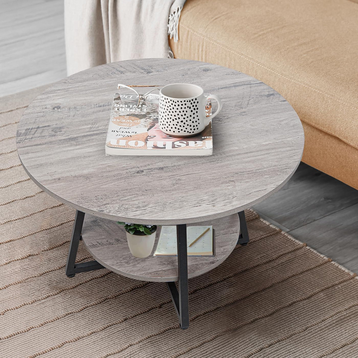 17 Stories Round Coffee Table, Rustic 2-Tier Circle Coffee Table With ...