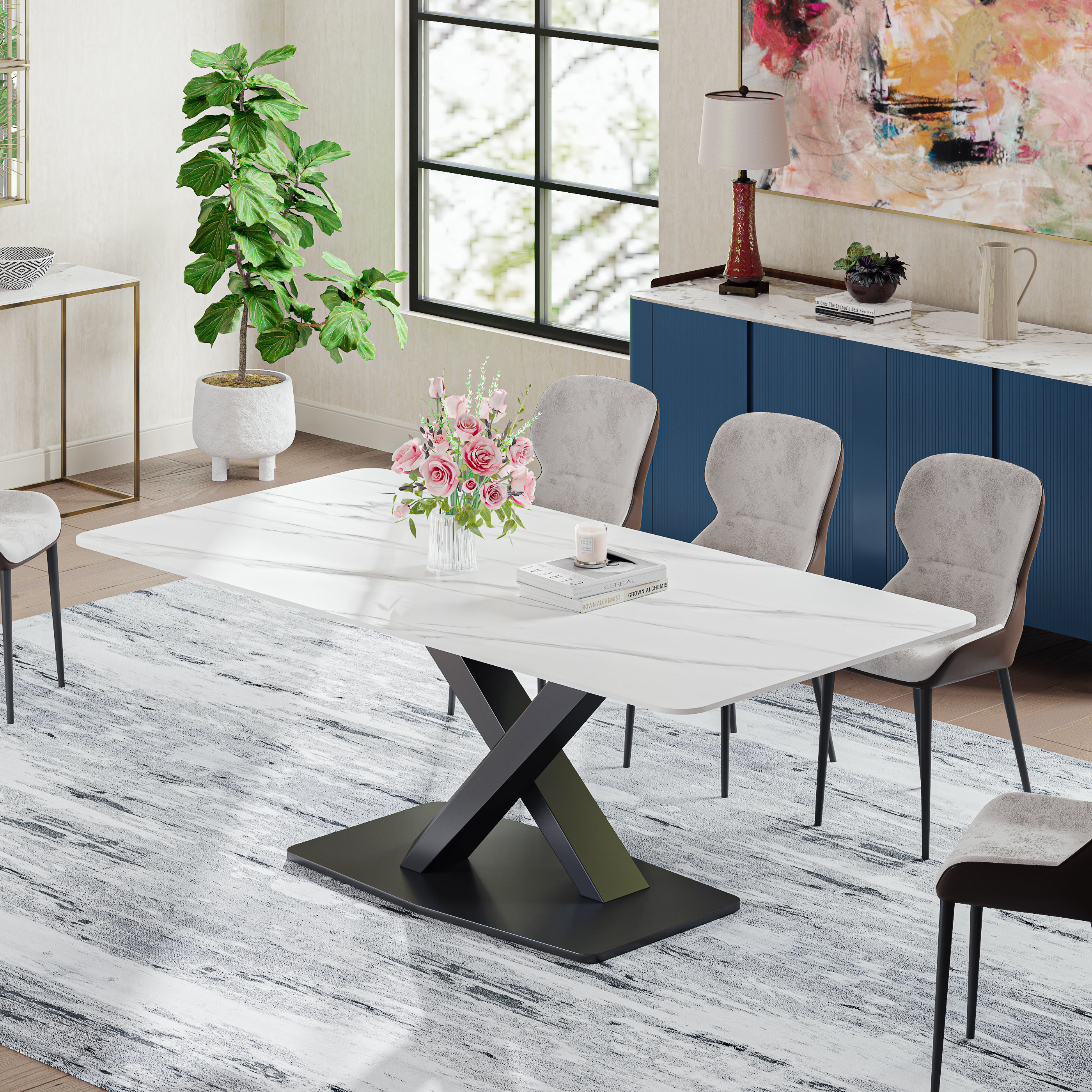 Orren Ellis Mellieha Rectangular White Dining table with sintered stone ...