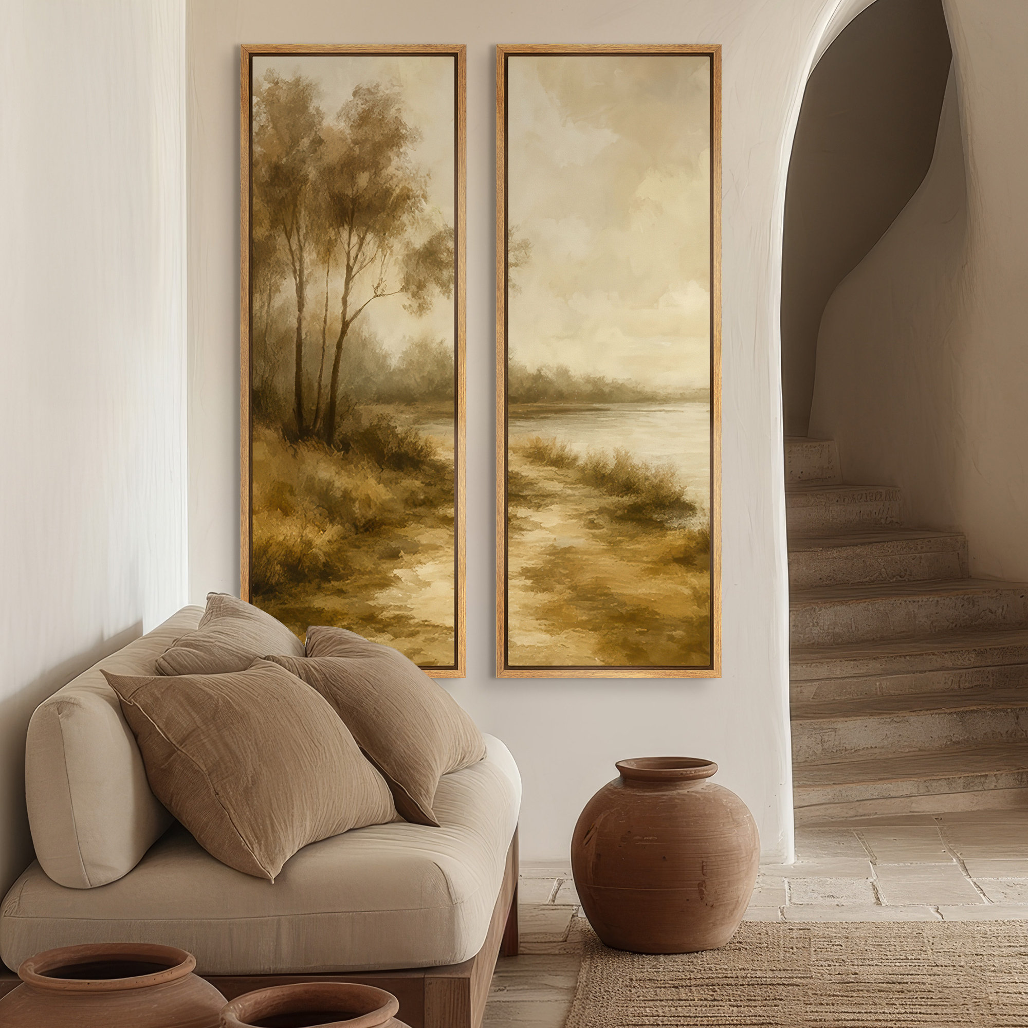 Ashbrook Tan Riverside Path Vintage Landscape for Living Room - Set of ...