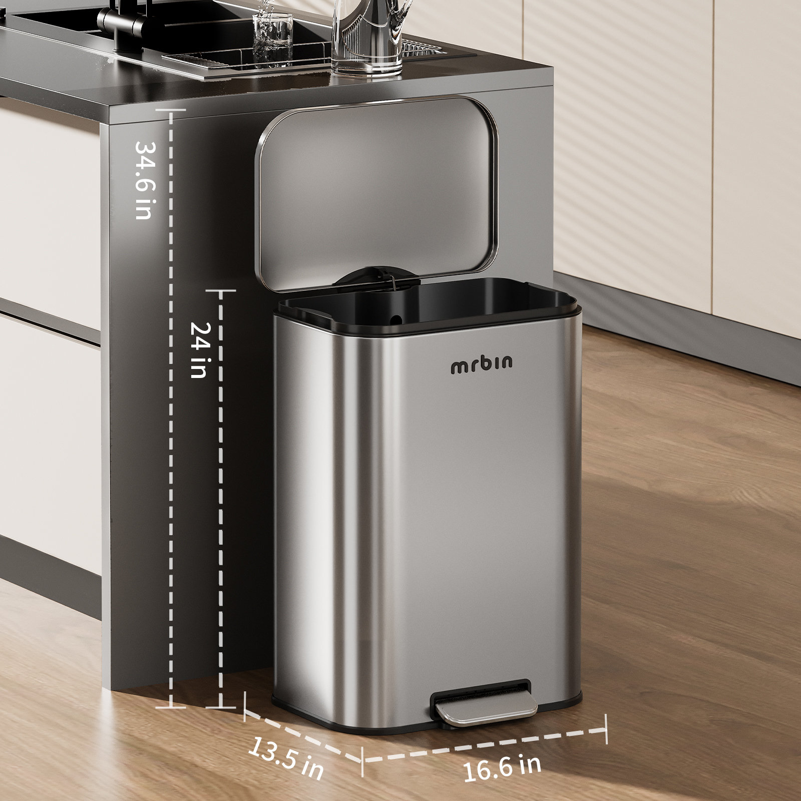 mrbin Stainless Steel Large Kitchen Trash Can 13 Gallon, Commercial ...