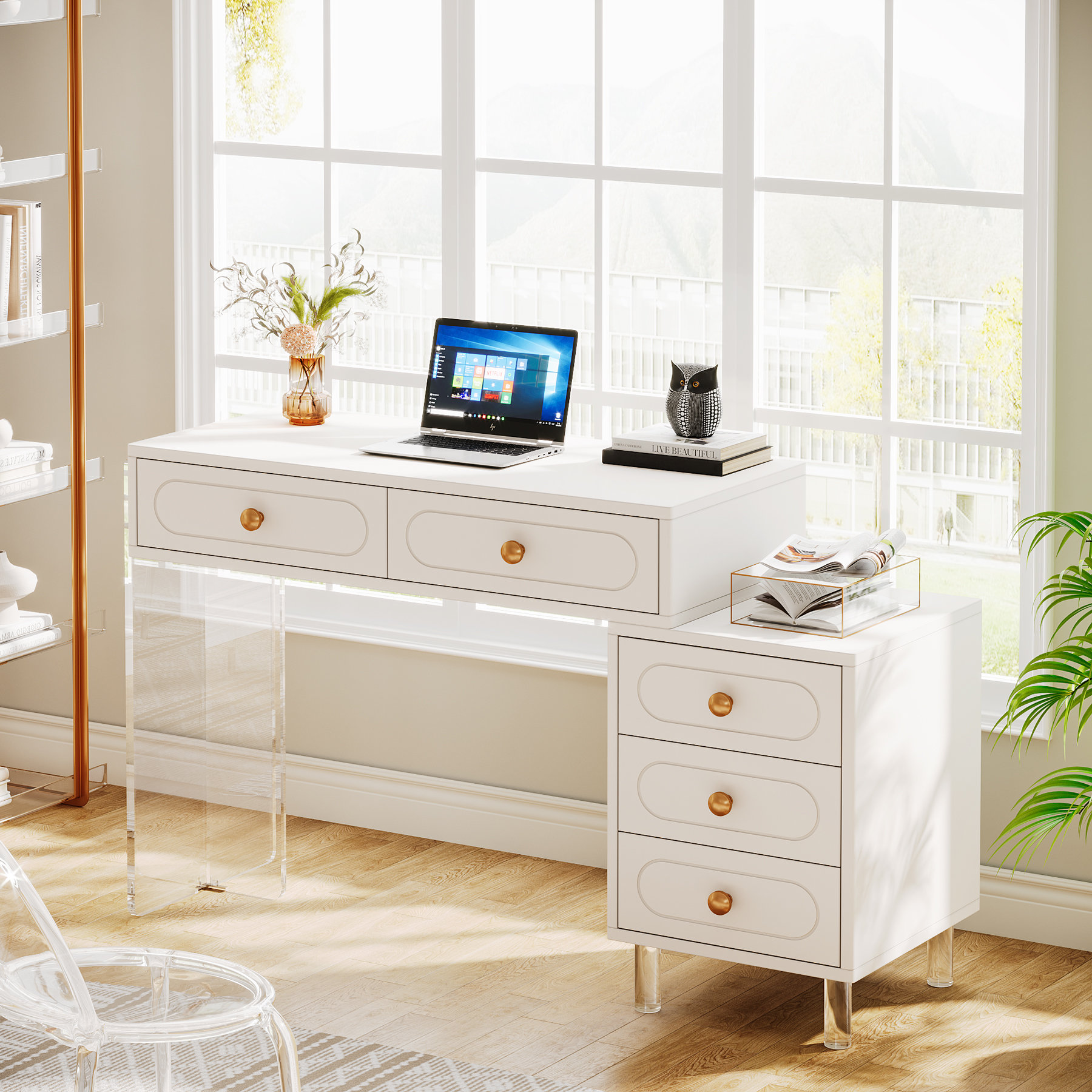 Wrought Studio™ Modern White Acrylic Computer Desk with 5 Drawers for ...
