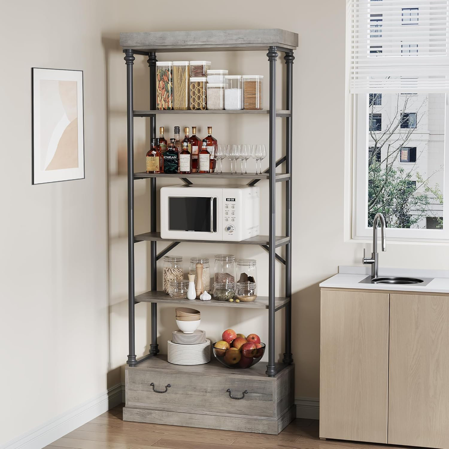 Williston Forge Bookshelf With Drawers - 5 Tier Tall Bookcase Vintage ...