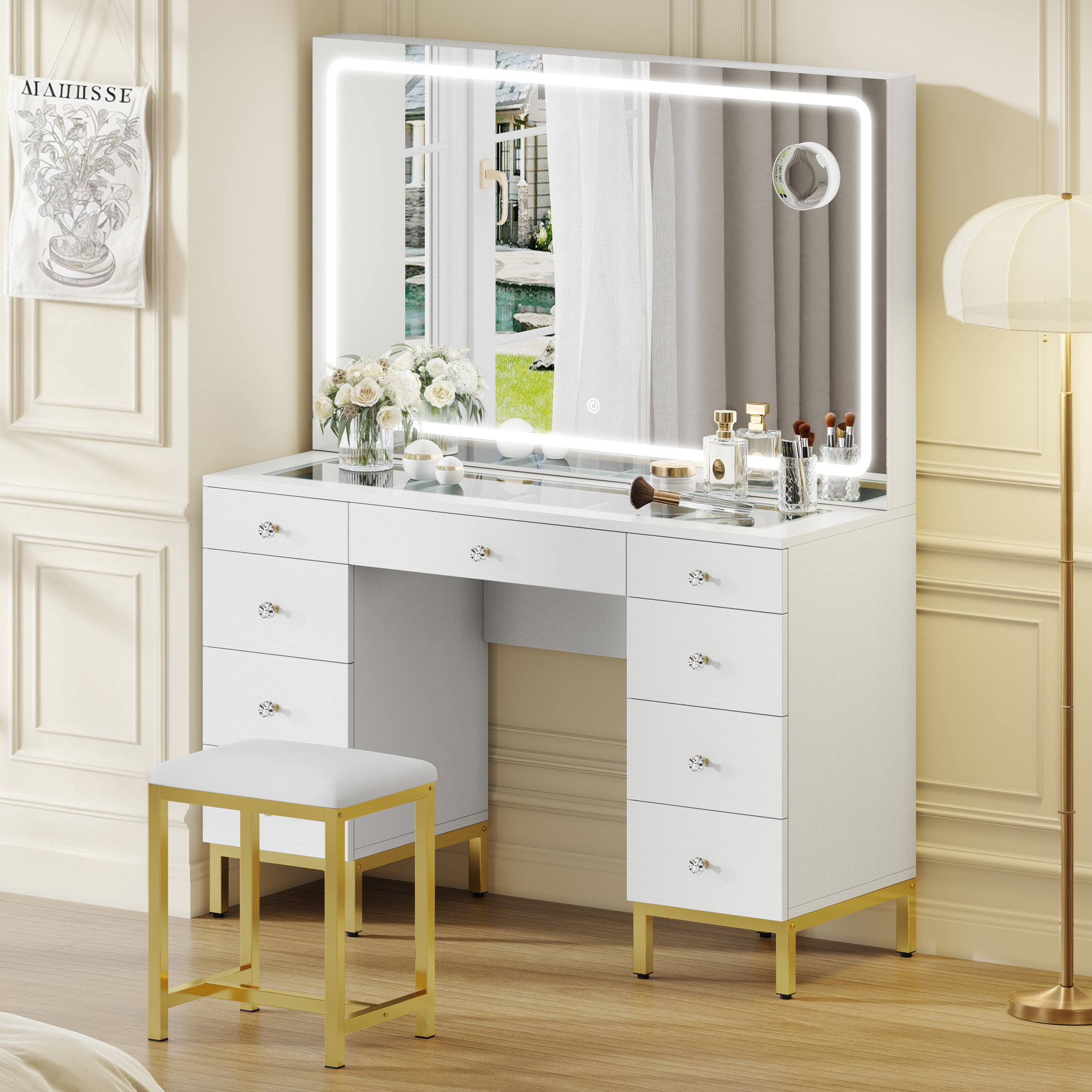 Mercer41 Glass Top Vanity Desk With LED Light, Power Outlet & 9 Drawer ...