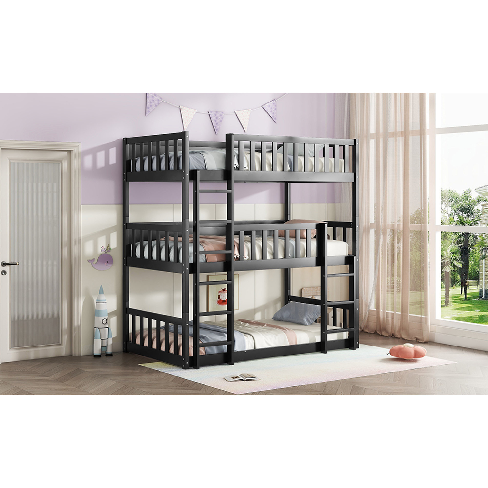Harriet Bee Black triple twin bunk bed - detachable rubber wood design ...