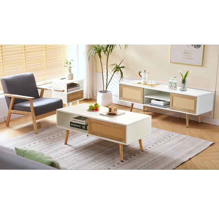 Homein 3 - Piece Living Room Table Set with Rattan Coffee Table End ...