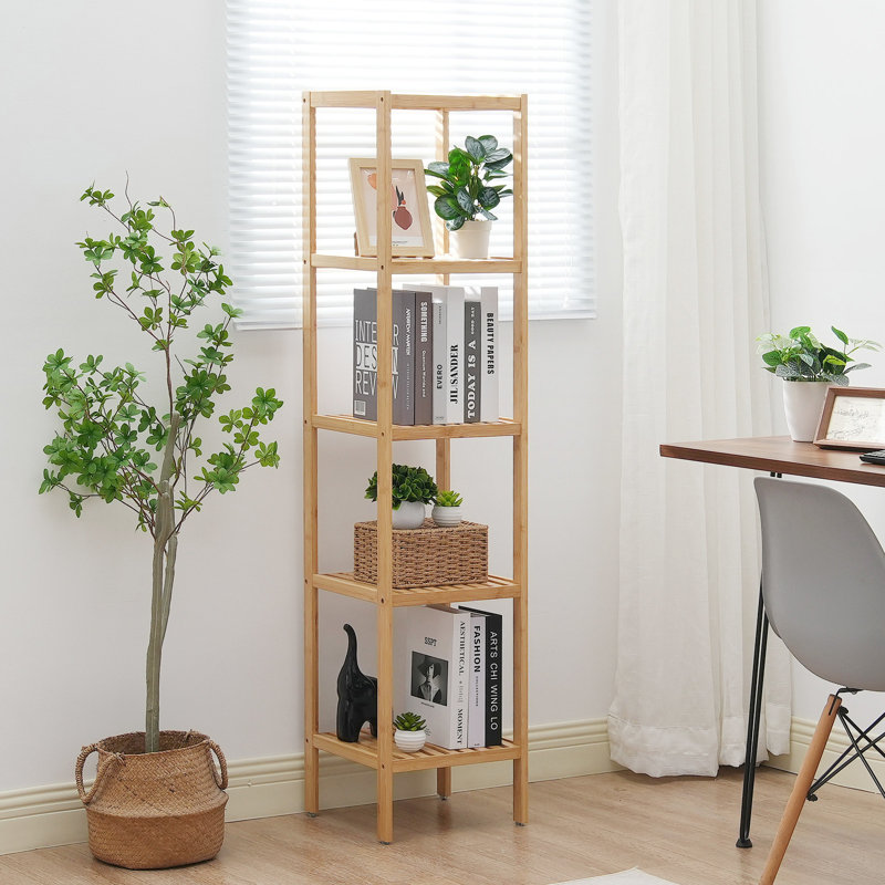 VEVOR Corner Standing Bookshelf 5-Tier Bamboo Ladder Narrow Shelf Plant ...