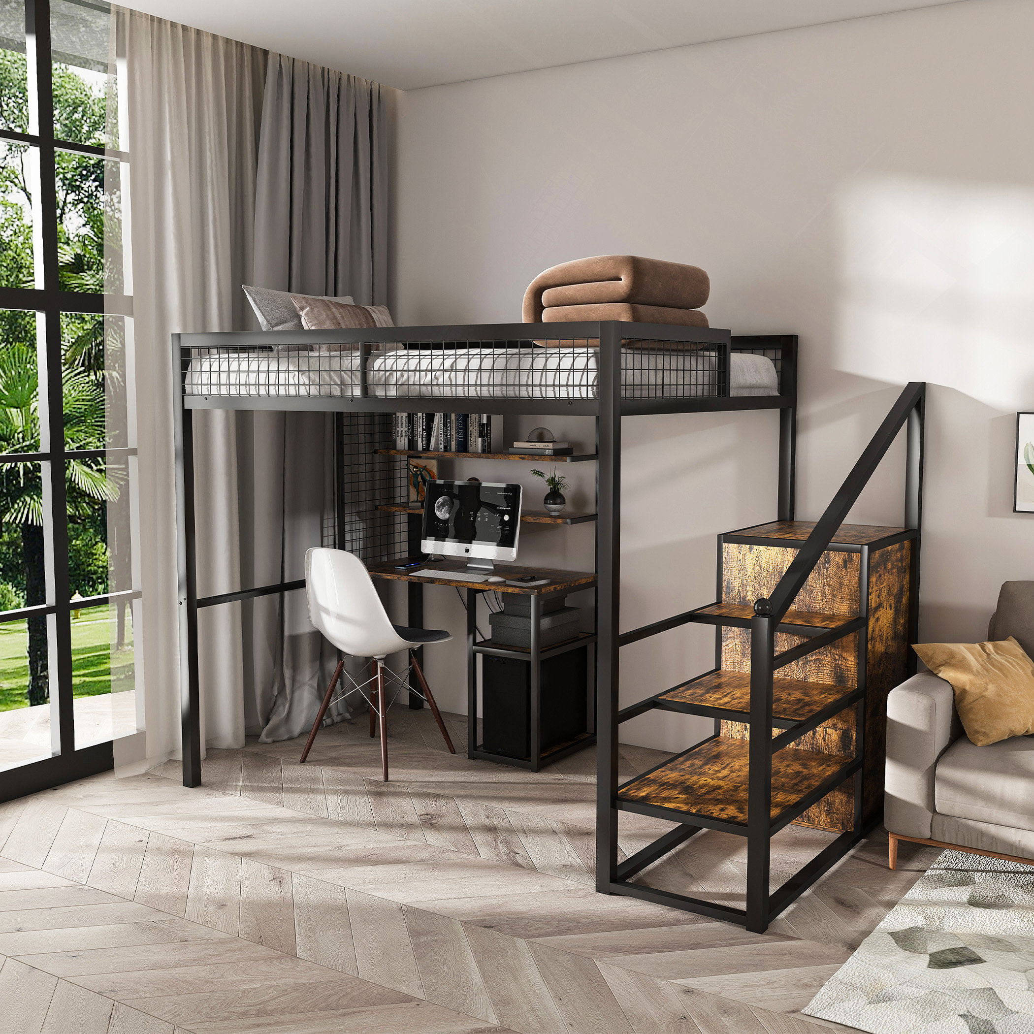 Latitude Run® Loft Bed W/Desk & Wardrobe - Heavy Metal Frame, Built-In ...