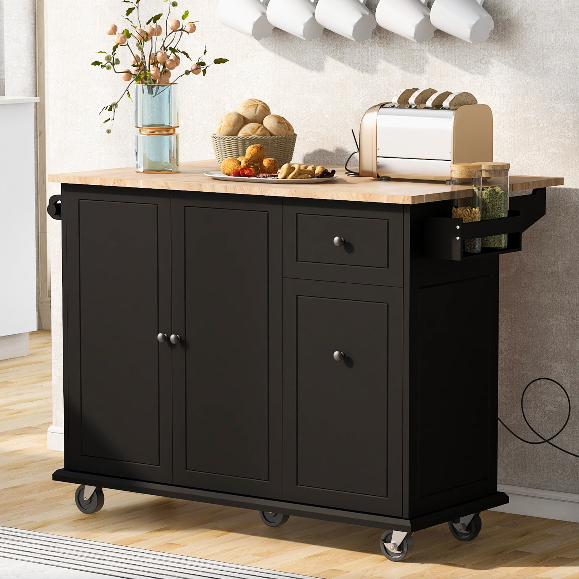 Latitude Run® Versatile Mobile Kitchen Island Mdf Black Space-saver For ...