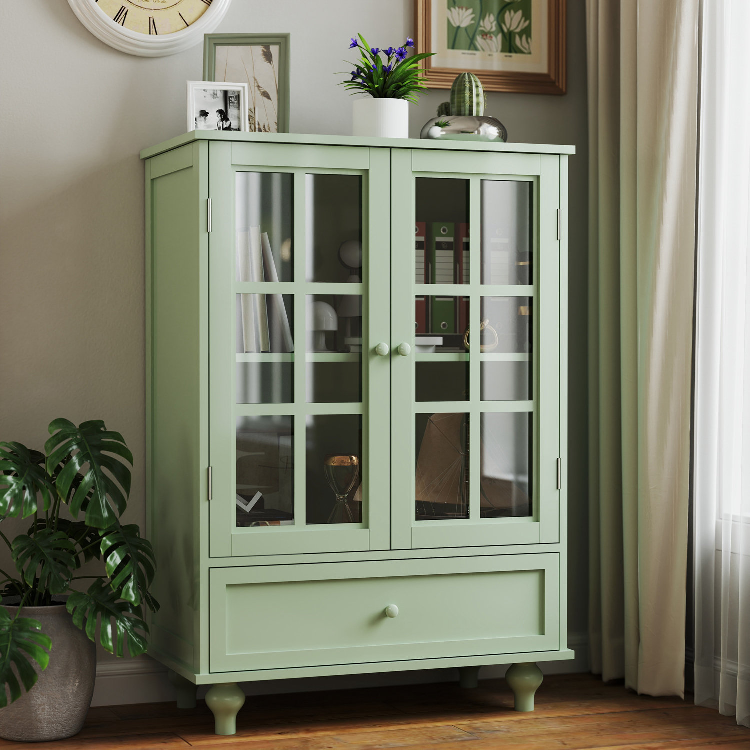 Winston Porter Cabinet with Double Glass Doors and Drawer - Wayfair Canada