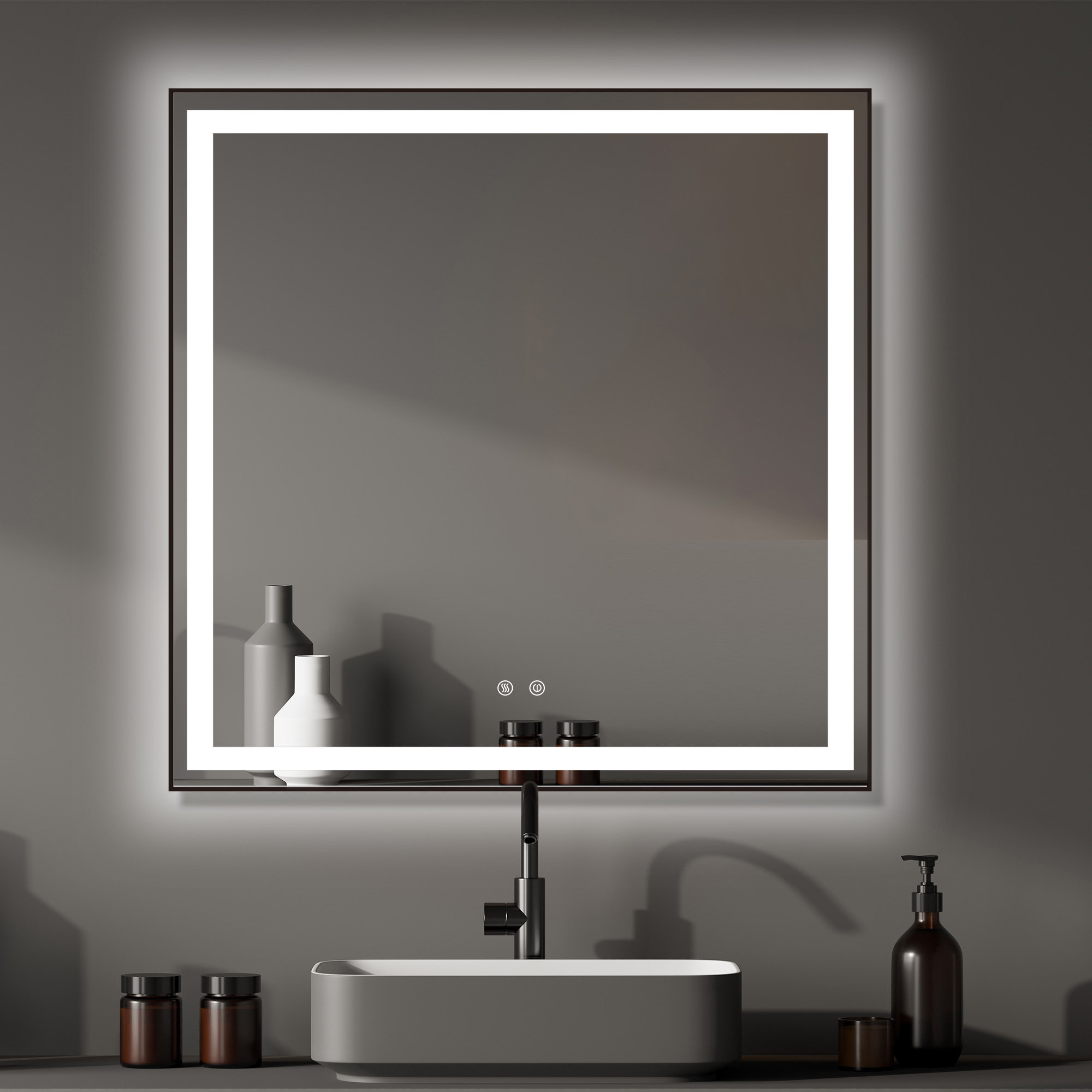 Ivy Bronx Gitza LED Lighted Black Framed Wall-mounted Bathroom Vanity ...