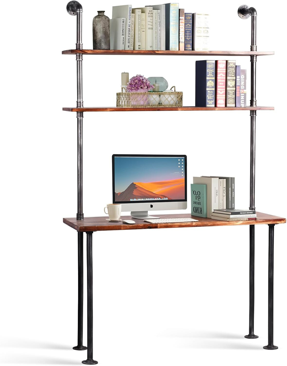 Williston Forge Industrial Laptop Desk With Shelves, Solid Wood ...