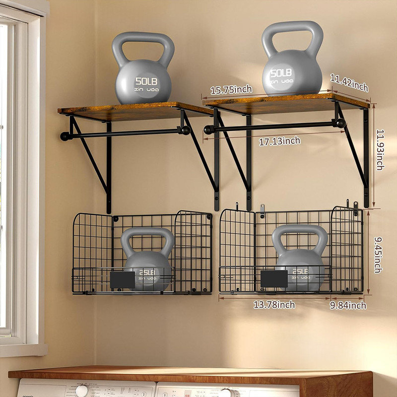 17 Stories Laundry Room Shelves Wall Mounted with Wire Baskets,Over the ...