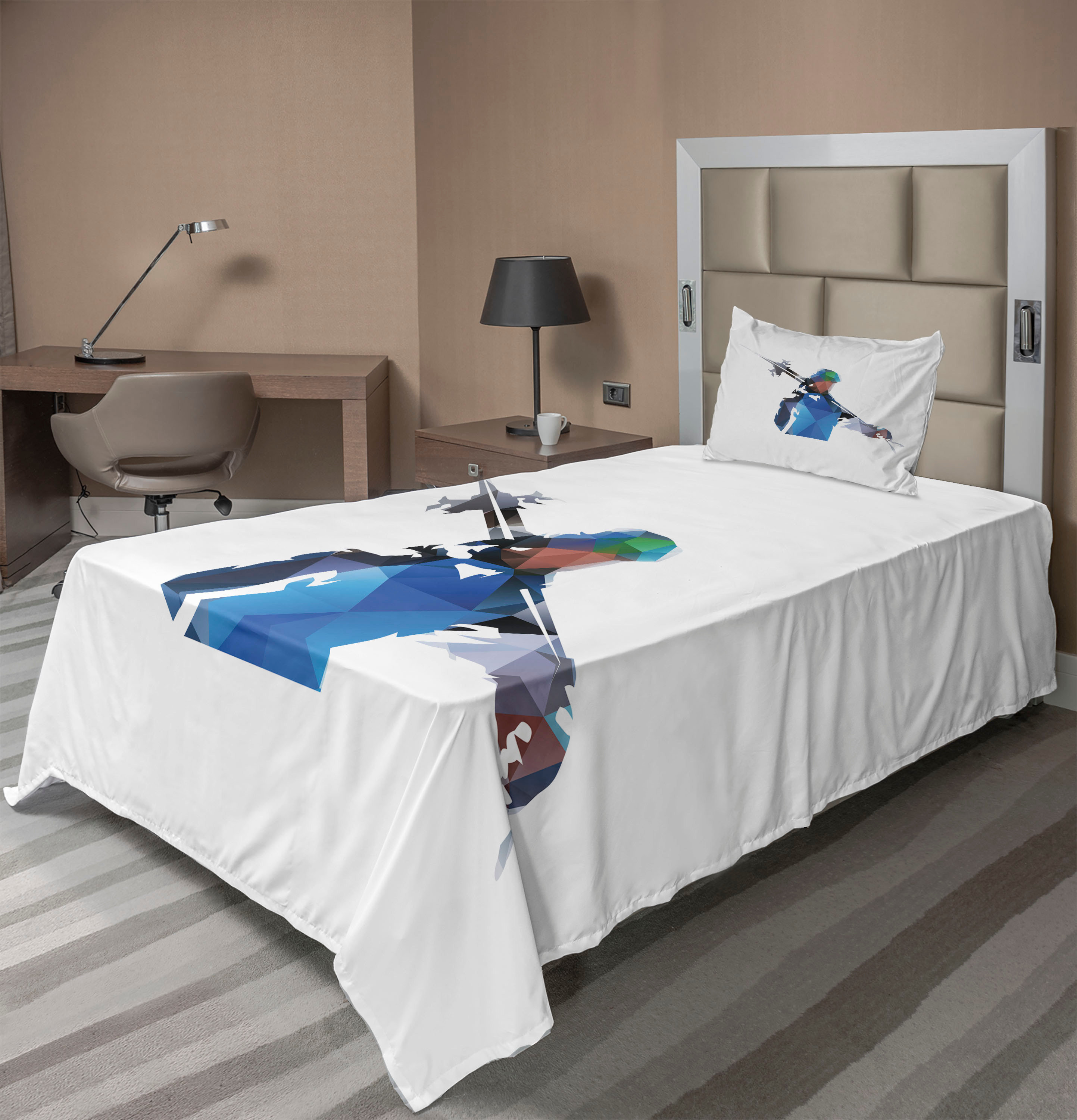 Ambesonne Skiing Sheet Set Polygonal Sportsman Drawing Cobalt Blue Sea ...