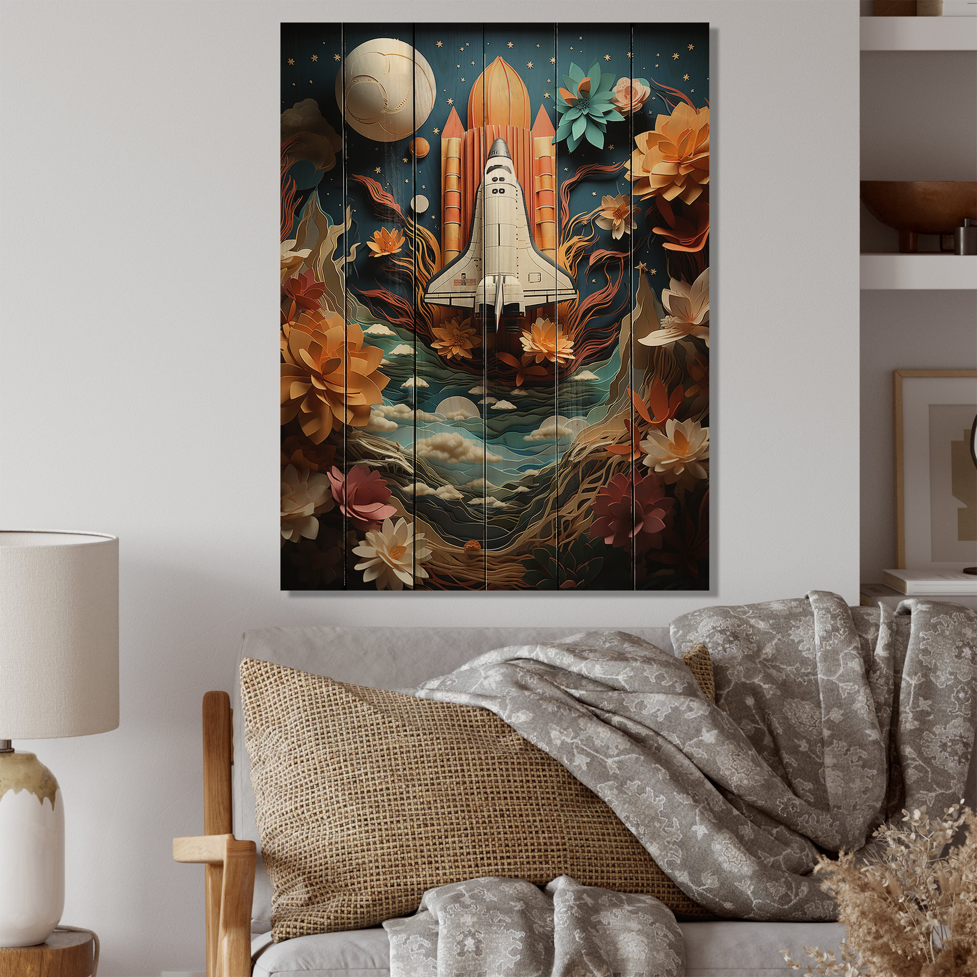 Red Barrel Studio Space Shuttle Orbiting Earth II On Wood Print ...