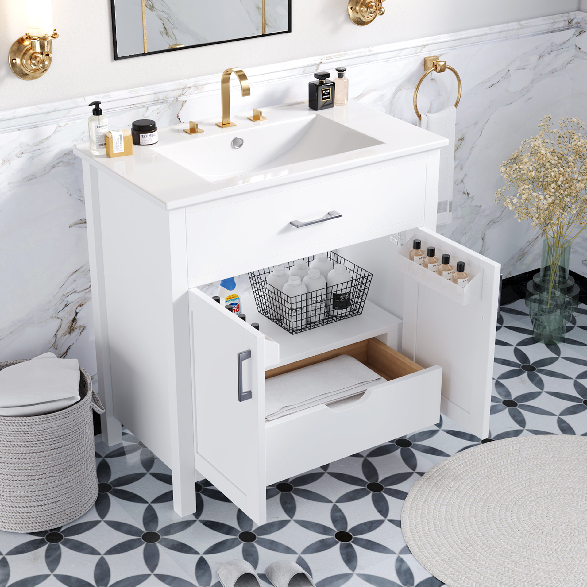 Latitude Run® 30-Inch Bathroom Vanity With Ceramic Sink And Abundant ...