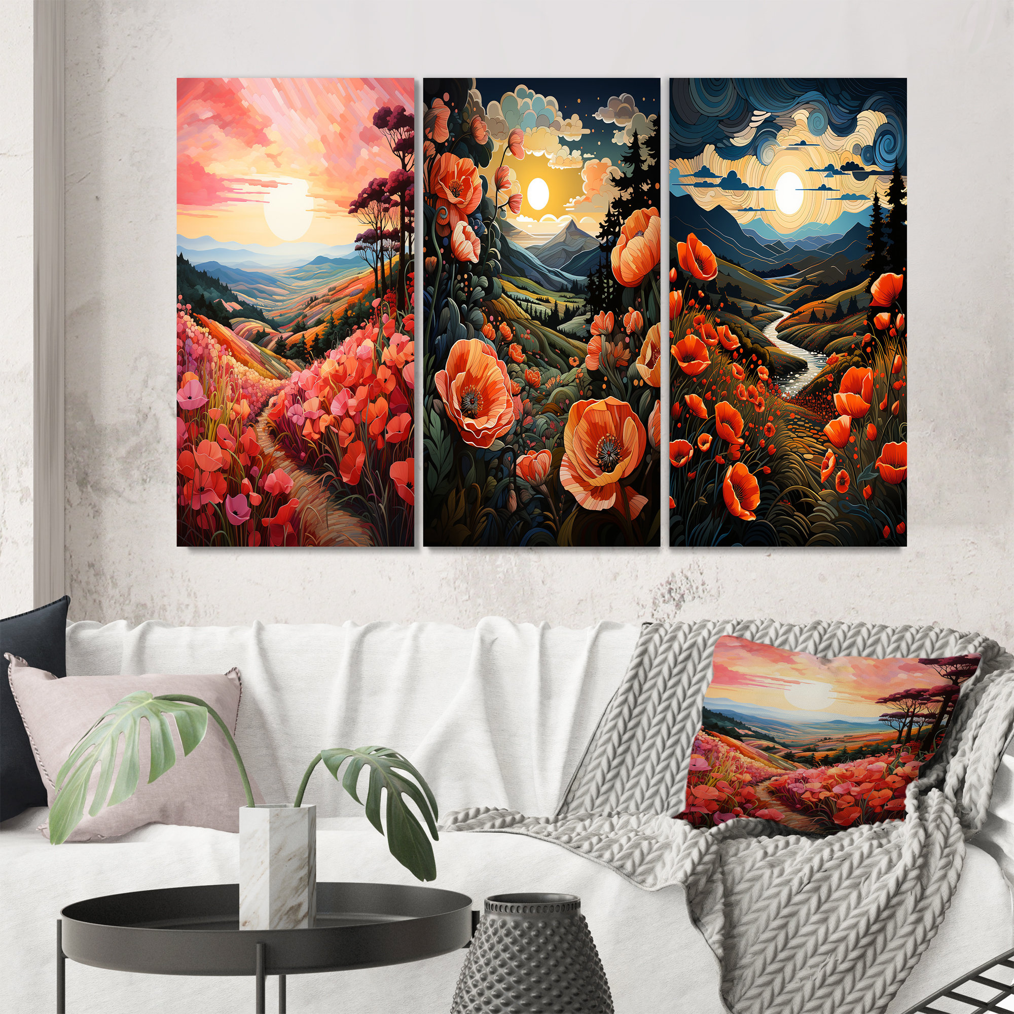 Red Barrel Studio® " Countryside Red Poppy Field " 3 - Pieces on Canvas ...