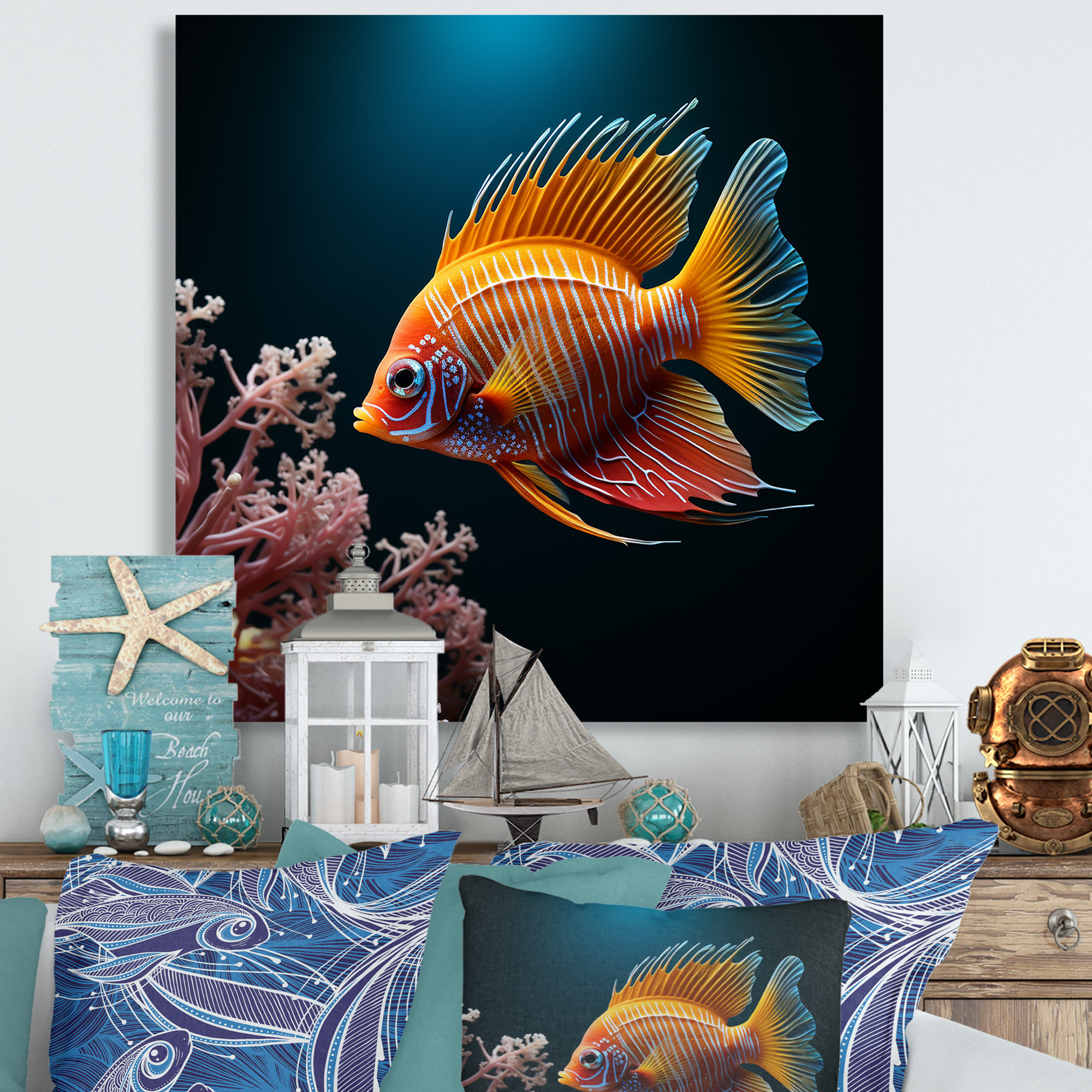 Highland Dunes Beautiful Blue And Orange Butterflyfish VII - Beach ...